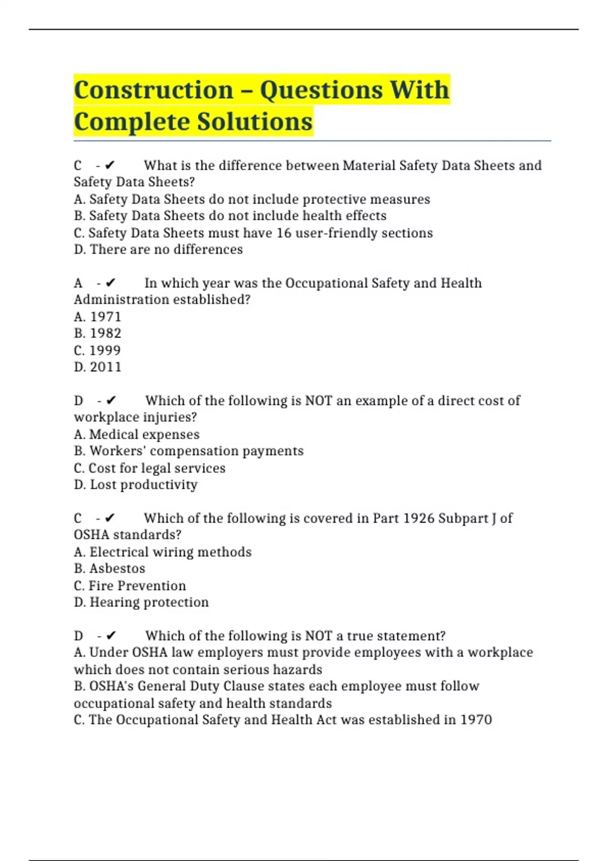 Construction – Questions With Complete Solutions - Construction - Stuvia US