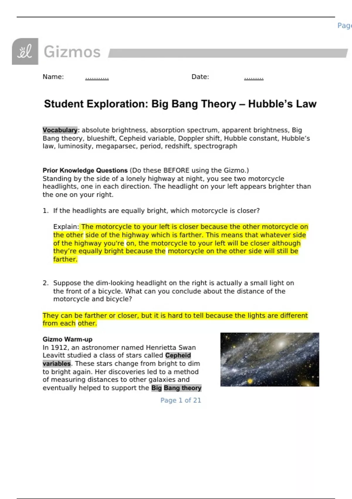 Student Exploration: Big Bang Theory – Hubble’s Law - Nursing - Stuvia US