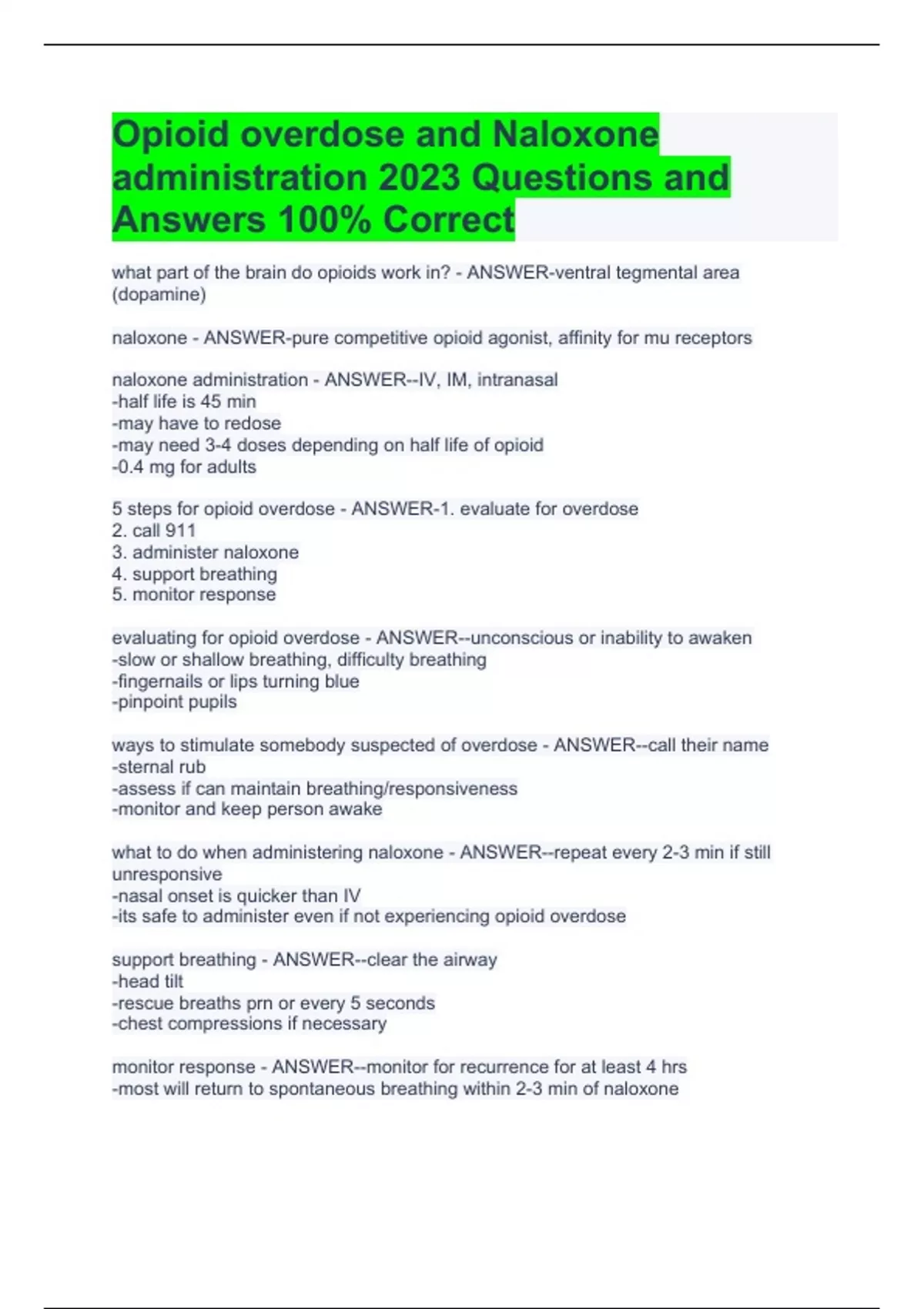 Opioid overdose and Naloxone administration 2023 Questions and Answers ...