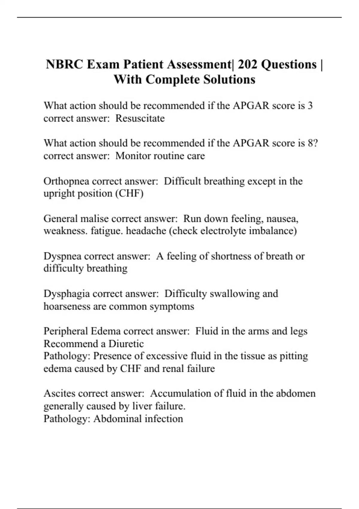 NBRC Exam Patient Assessment| 202 Questions | With Complete Solutions ...