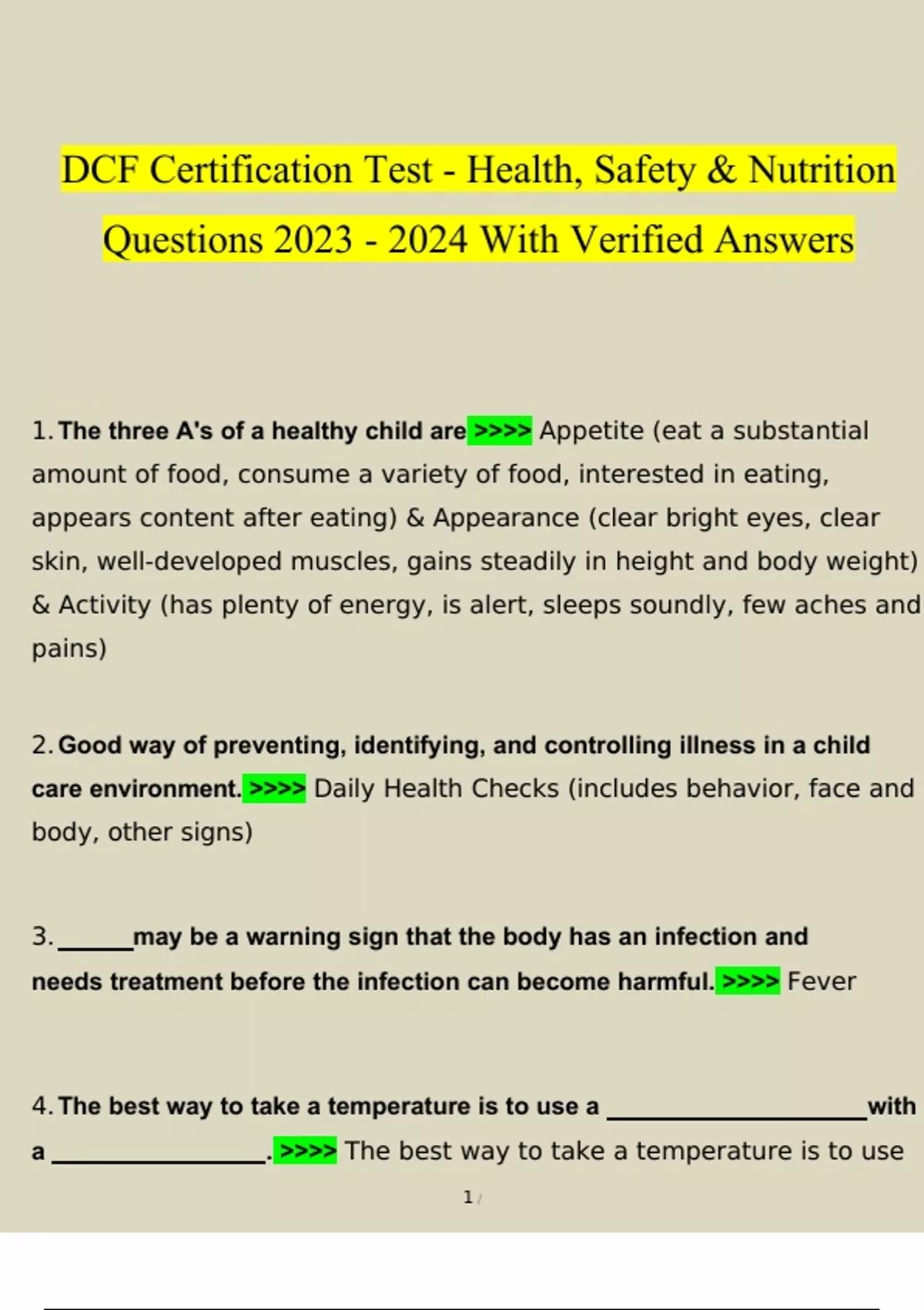DCF Certification Test - Health, Safety & Nutrition Questions and ...