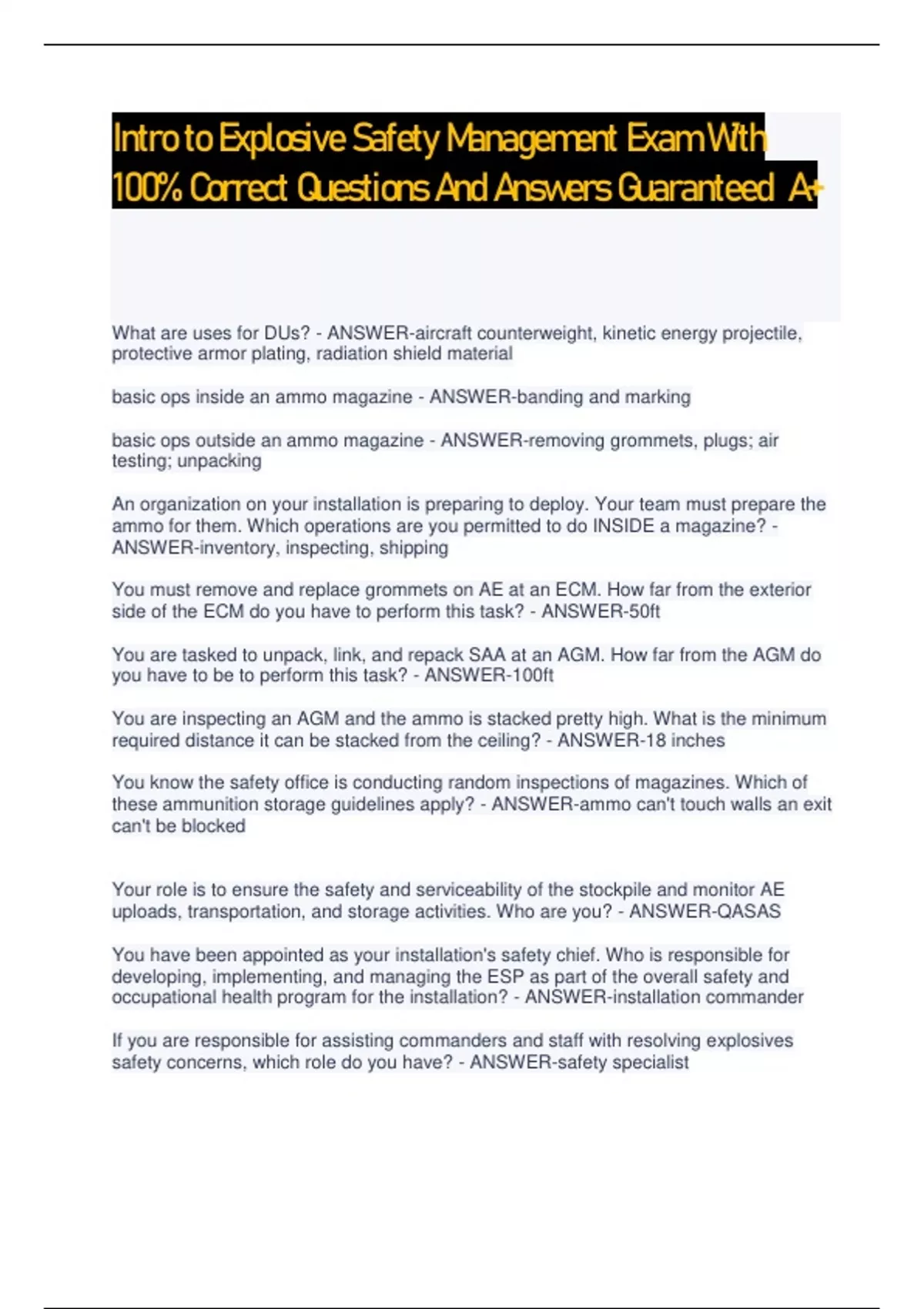 Intro to Explosive Safety Management Exam With 100% Correct Questions ...