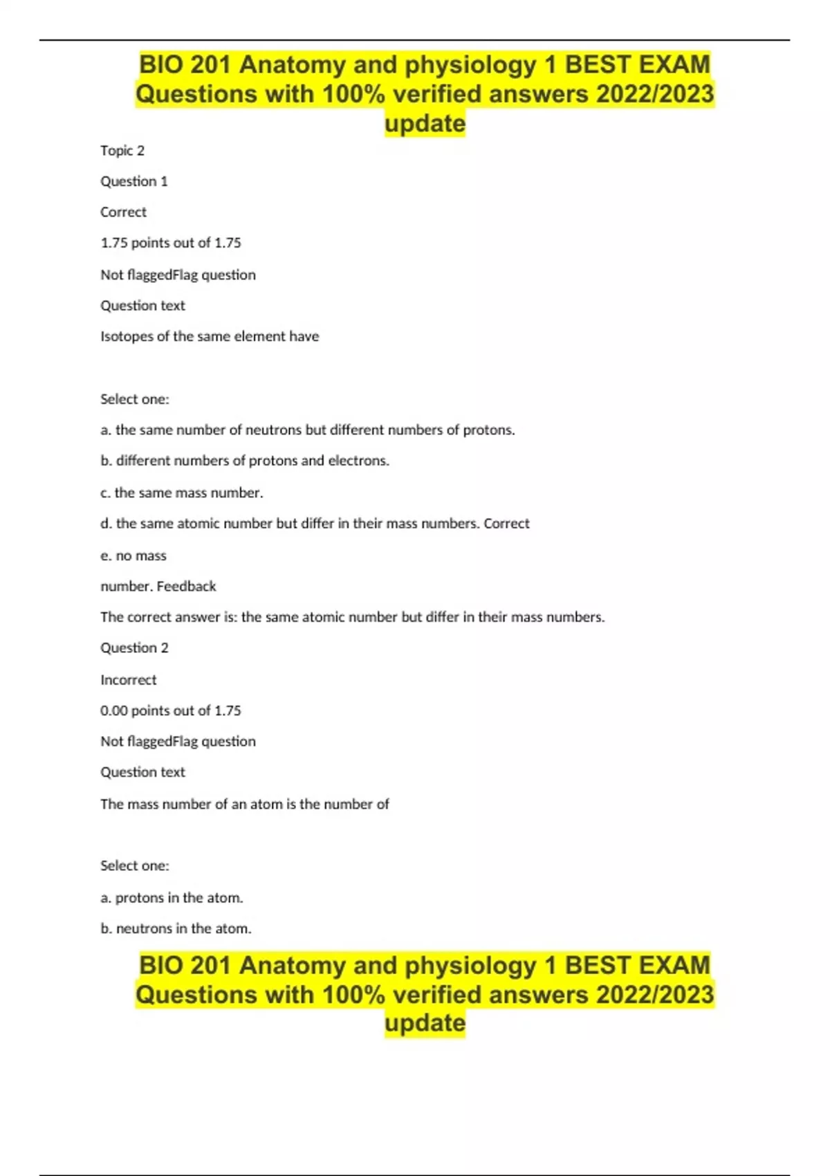 BIO 201 Anatomy and physiology 1 BEST EXAM Questions with 100% verified ...