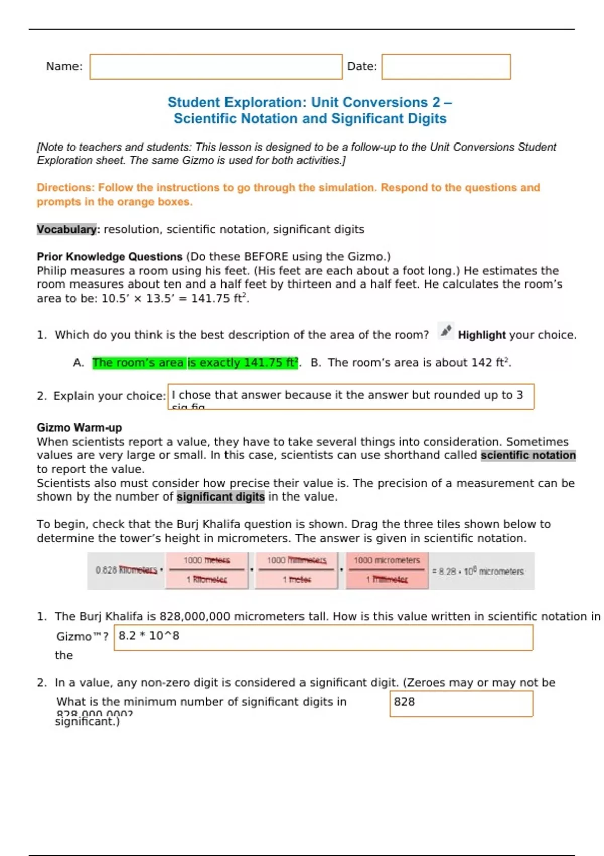 Student Exploration: Unit Conversions 2 – Scientific Notation and ...