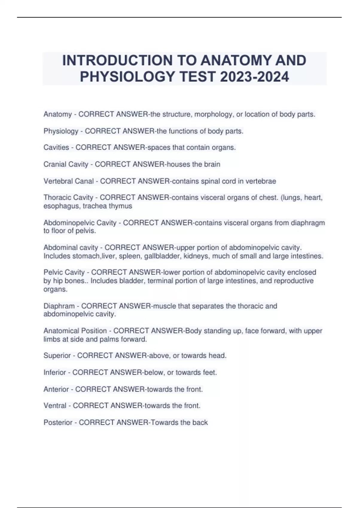 INTRODUCTION TO ANATOMY AND PHYSIOLOGY TEST - Anatomy - Stuvia US