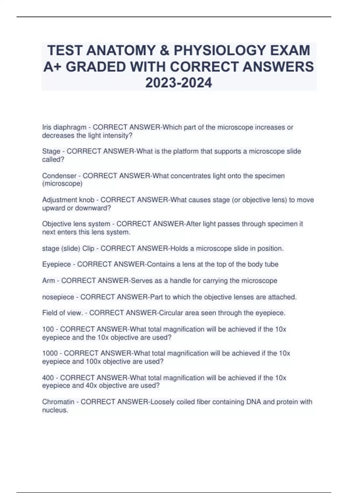 TEST ANATOMY & PHYSIOLOGY EXAM A+ GRADED WITH CORRECT ANSWERS - Anatomy ...