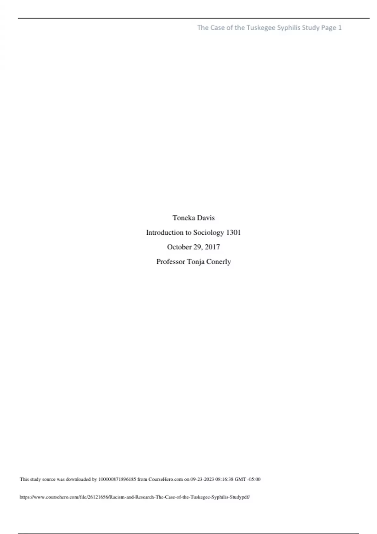 The Case of the Tuskegee Syphilis - SOCIOLOGY 1301 - Stuvia US