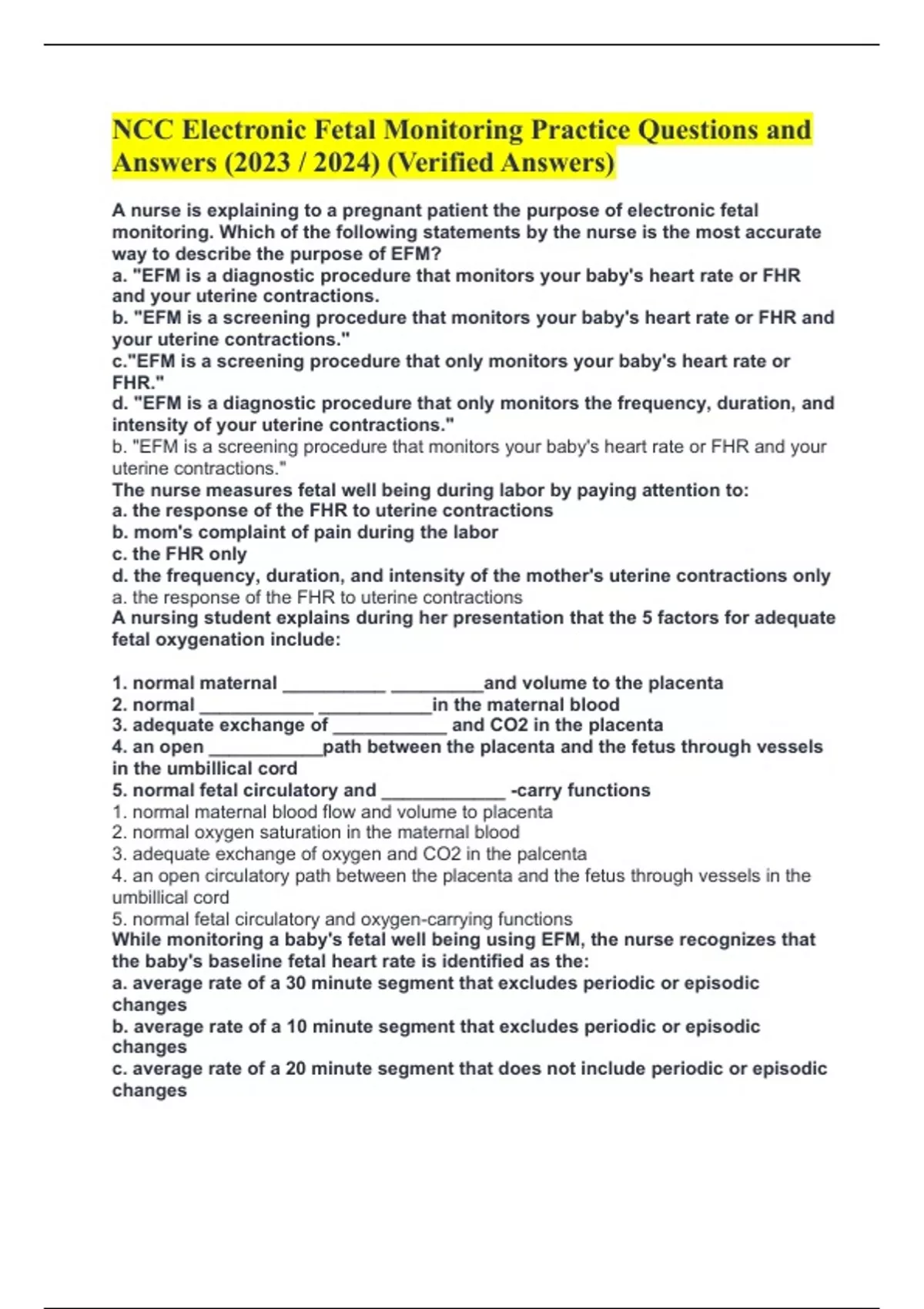 NCC Electronic Fetal Monitoring Practice Questions and Answers (2023 / 2024) (Verified Answers ...