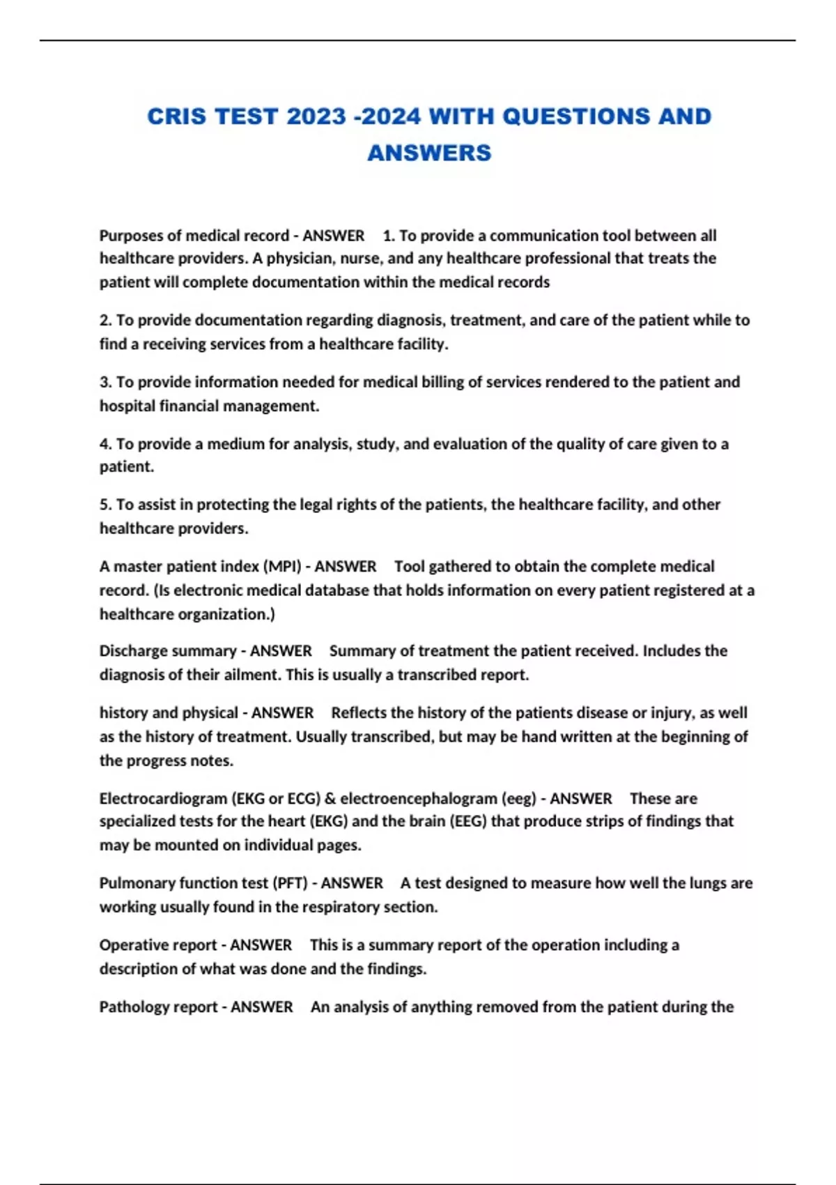 CRIS TEST WITH QUESTIONS AND ANSWERS - CRIS - Stuvia US