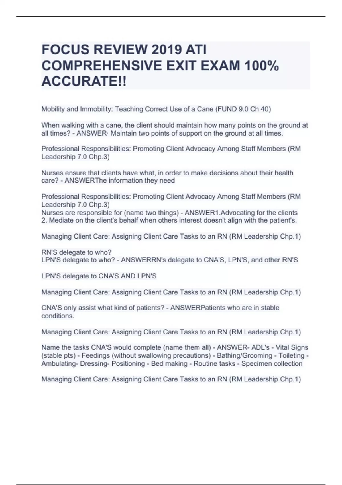 FOCUS REVIEW 2019 ATI COMPREHENSIVE EXIT EXAM 100% ACCURATE!! - ATI ...