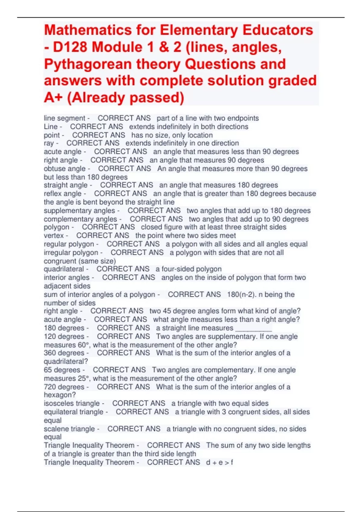 Mathematics for Elementary Educators - D128 Module 1 & 2 (lines, angles, Pythagorean theory ...