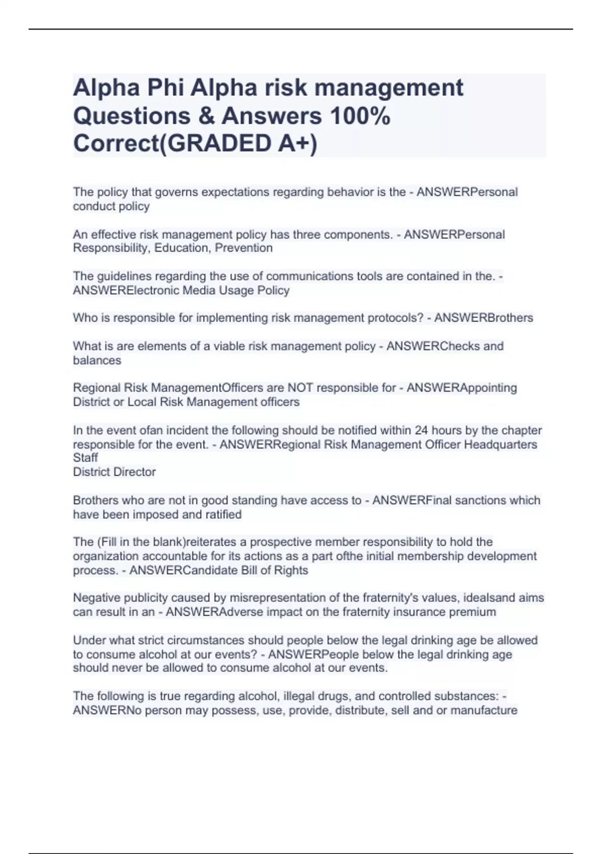 Alpha Phi Alpha risk management Questions & Answers 100% Correct(GRADED ...