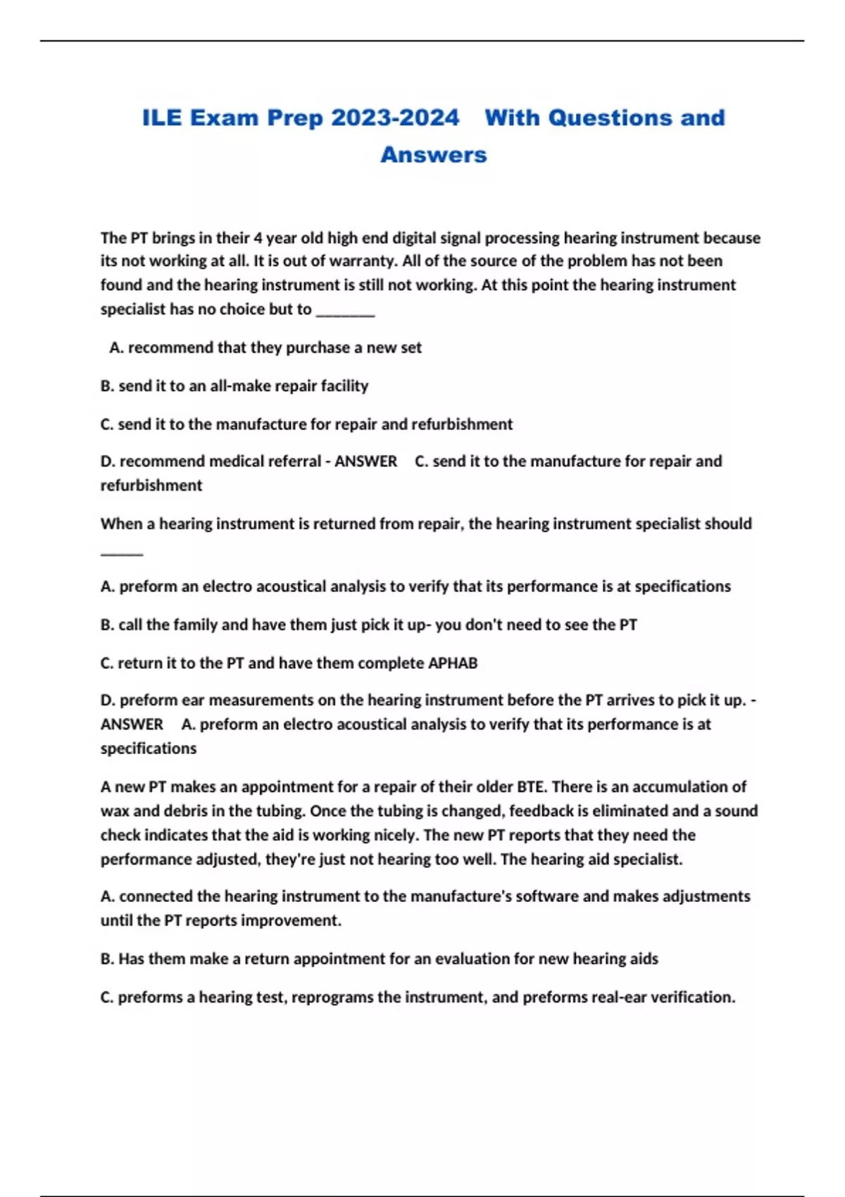 ILE Exam Prep With Questions and Answers - ILE - Stuvia US