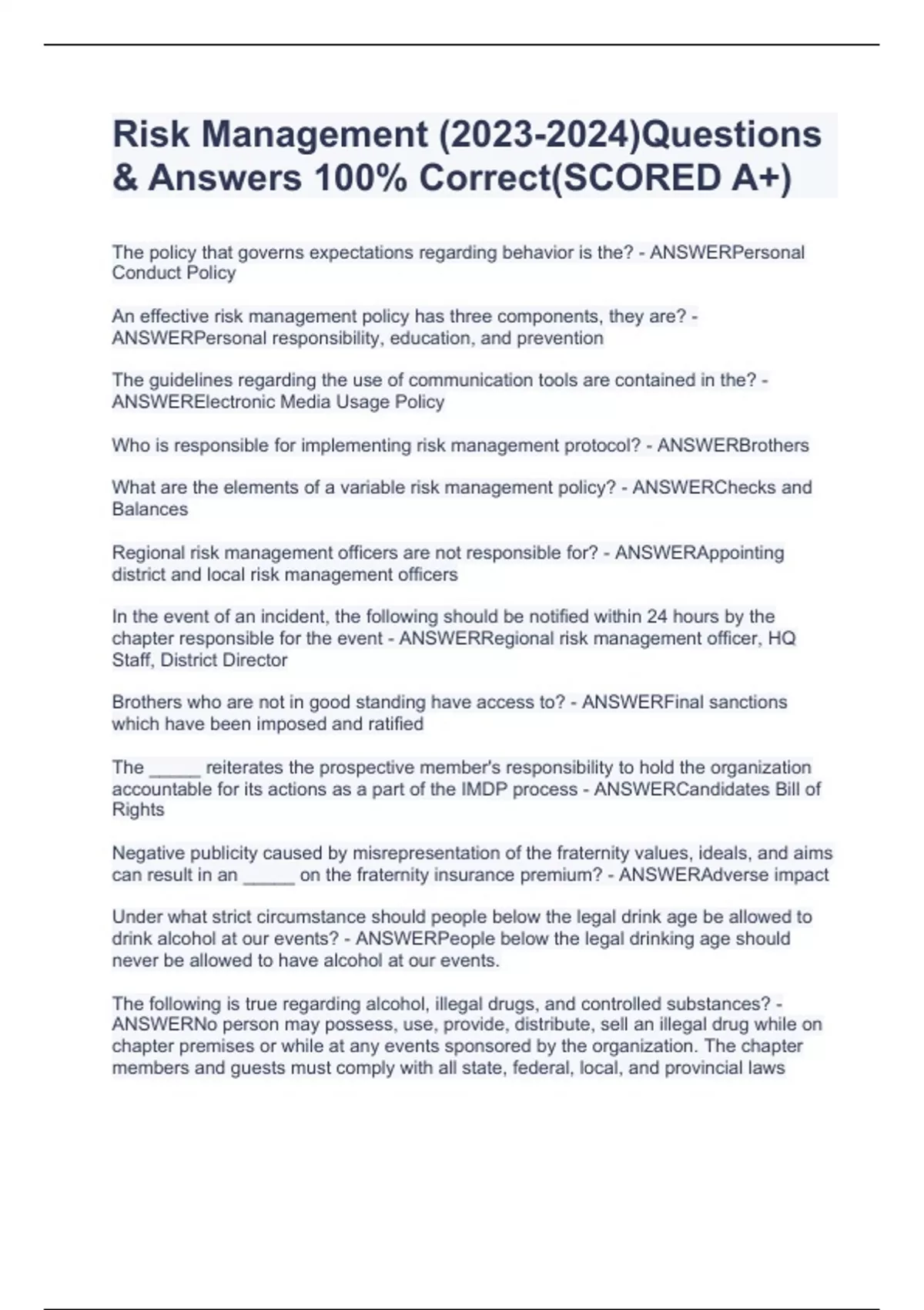 Risk Management ()Questions & Answers 100% Correct(SCORED A+) - Risk ...