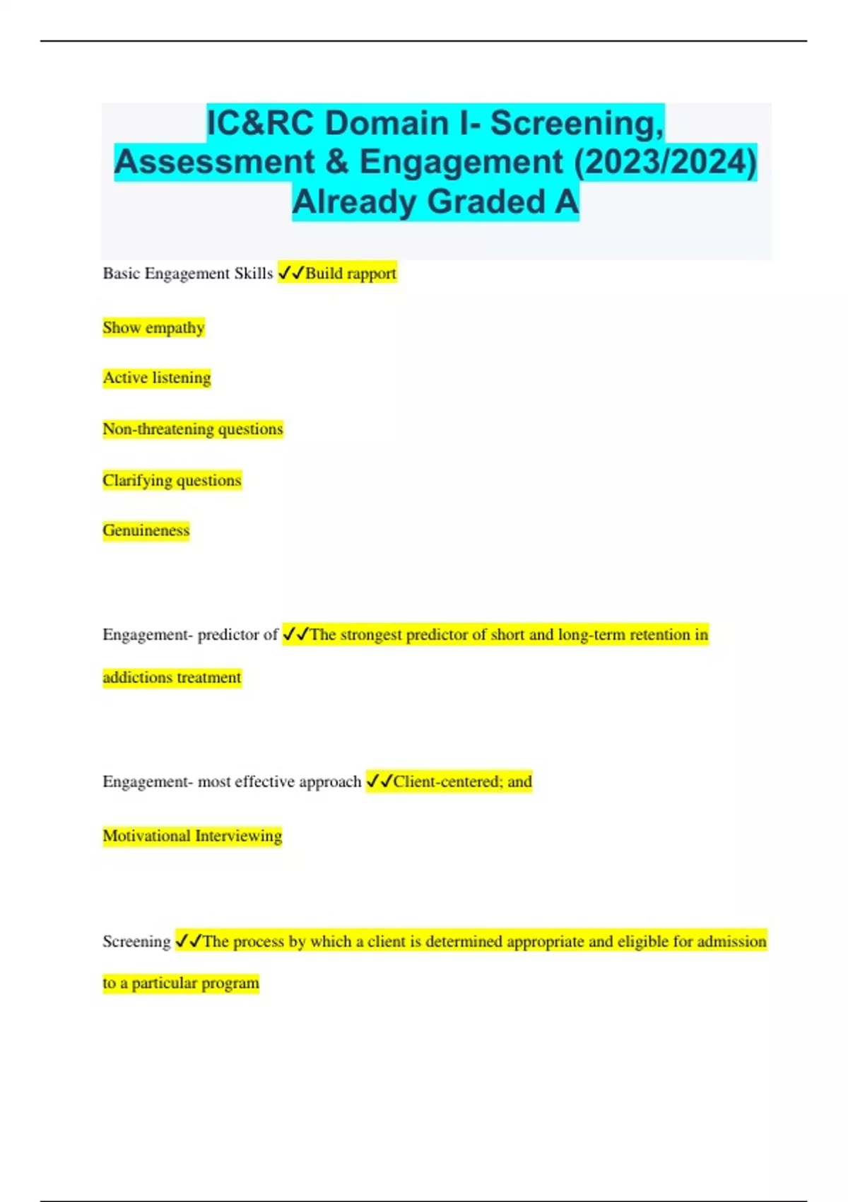 IC&RC Domain I- Screening, Assessment & Engagement (2023/2024) Already Graded A - IC&RC Domain I ...