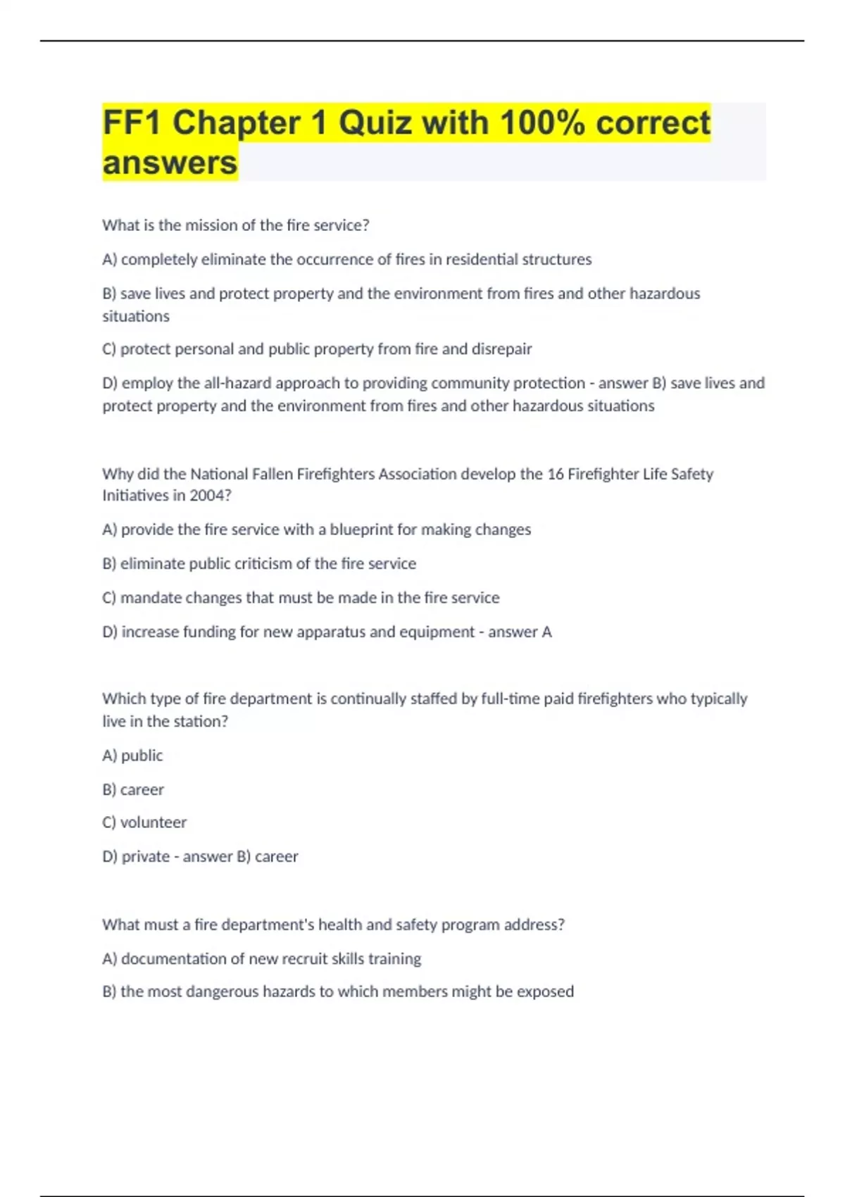 FF1 Chapter 1 Quiz with 100% correct answers. - FIREFIGHTER - Stuvia US