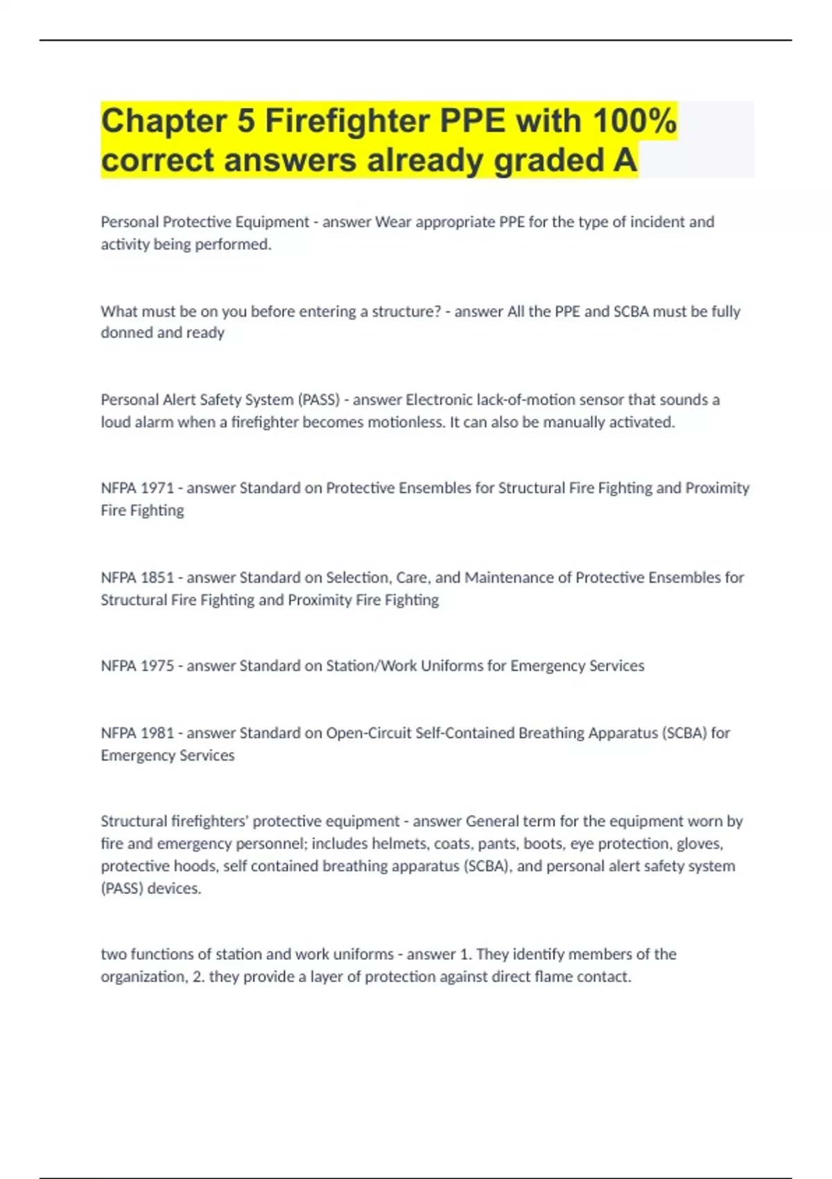 Chapter 5 Firefighter PPE with 100% correct answers already graded A ...