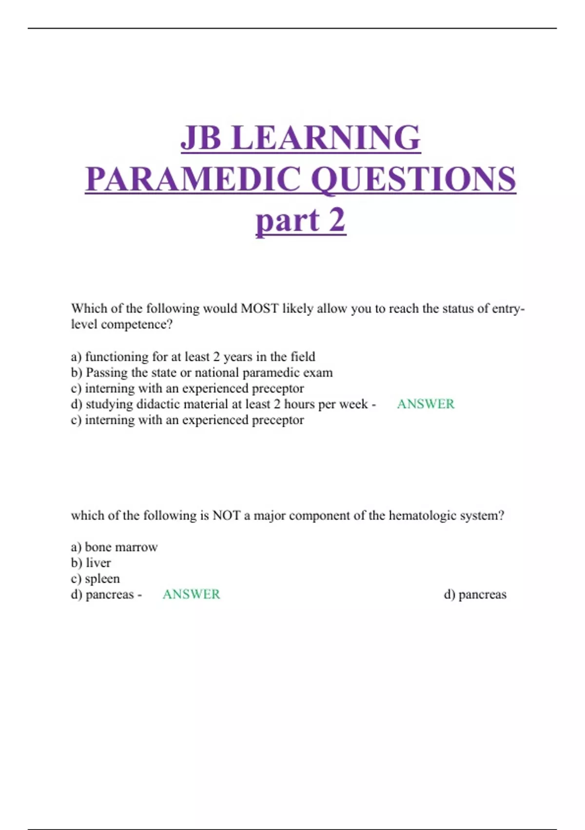 JB LEARNING PARAMEDIC QUESTIONS part 2 - EMT JB Learning Paramedic ...