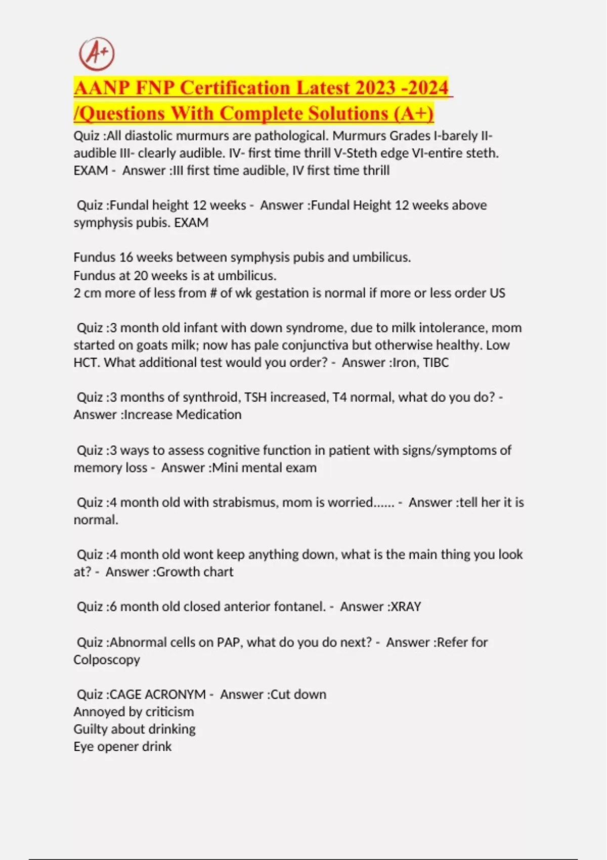 AANP FNP Certification Latest /Questions With Complete Solutions (A+ ...