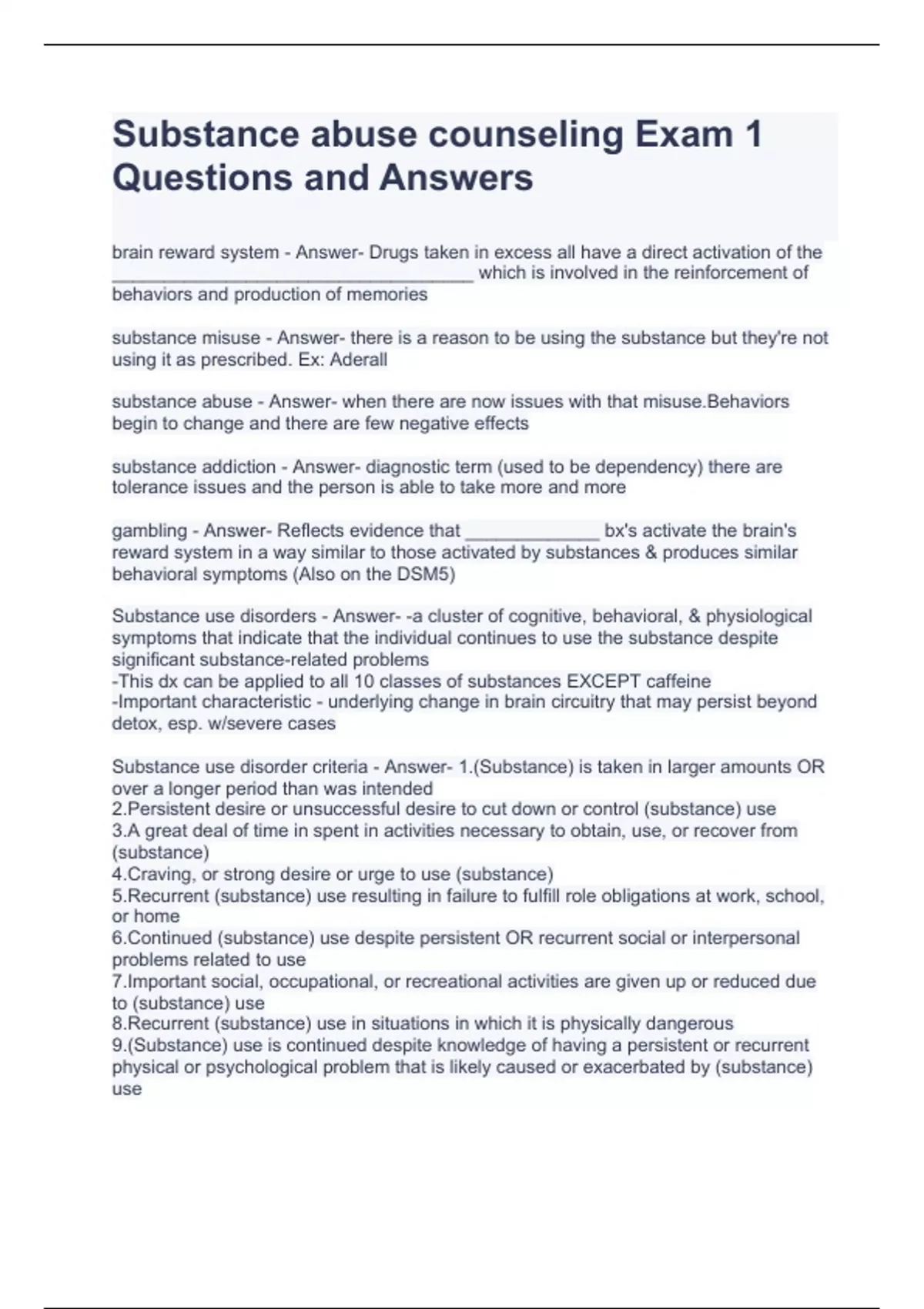 Substance abuse counseling Exam 1 Questions and Answers - Substance ...