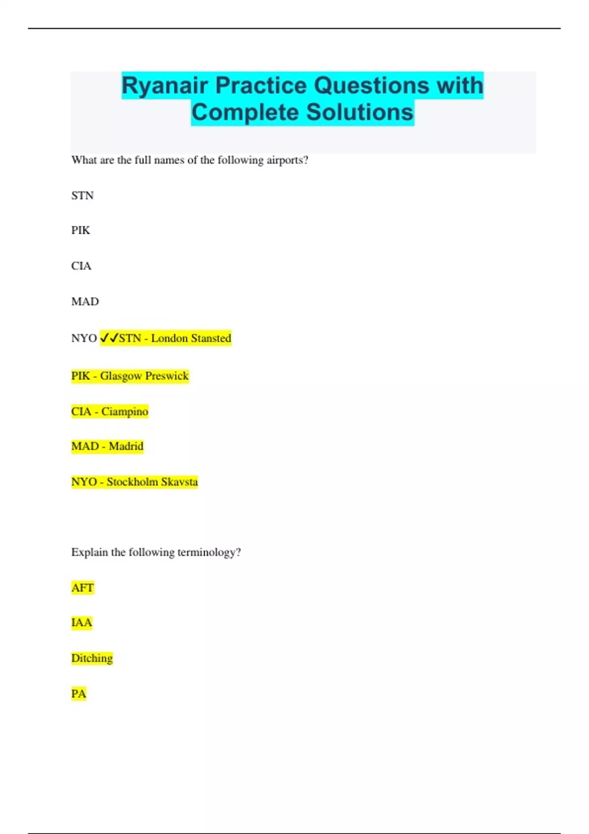 Ryanair Practice Questions with Complete Solutions - Ryanair - Stuvia US