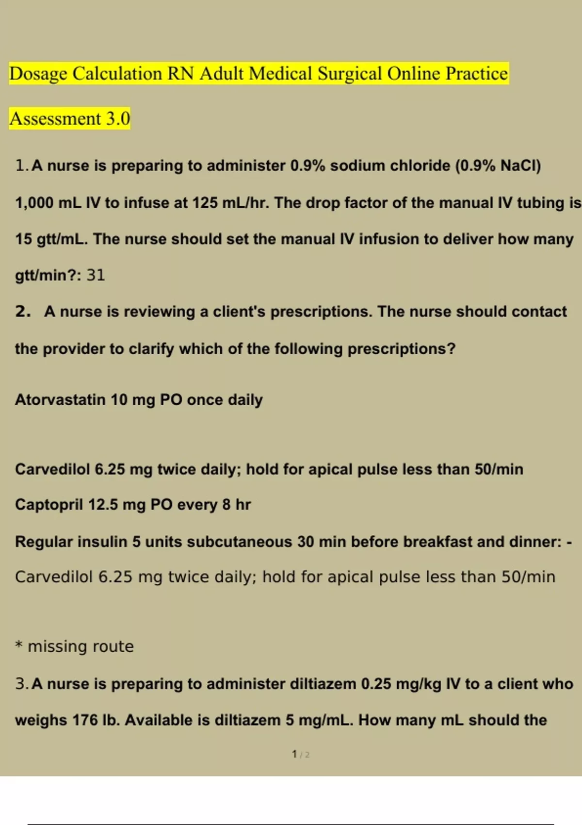 Dosage Calculation 2025 RN Adult Medical Surgical Online Practice ...