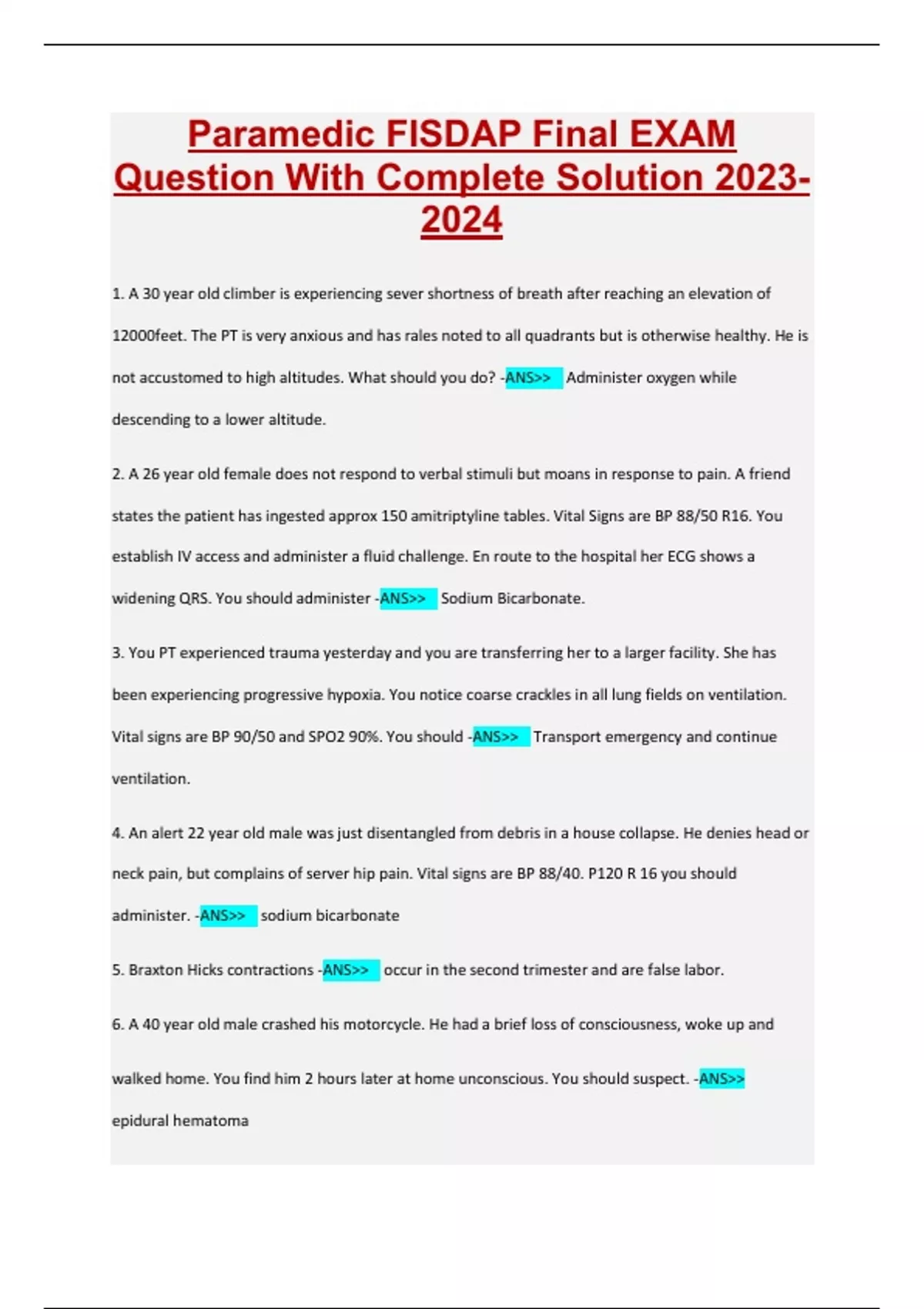 Paramedic FISDAP Final EXAM Question With Complete Solution - Paramedic FISDAP - Stuvia NL