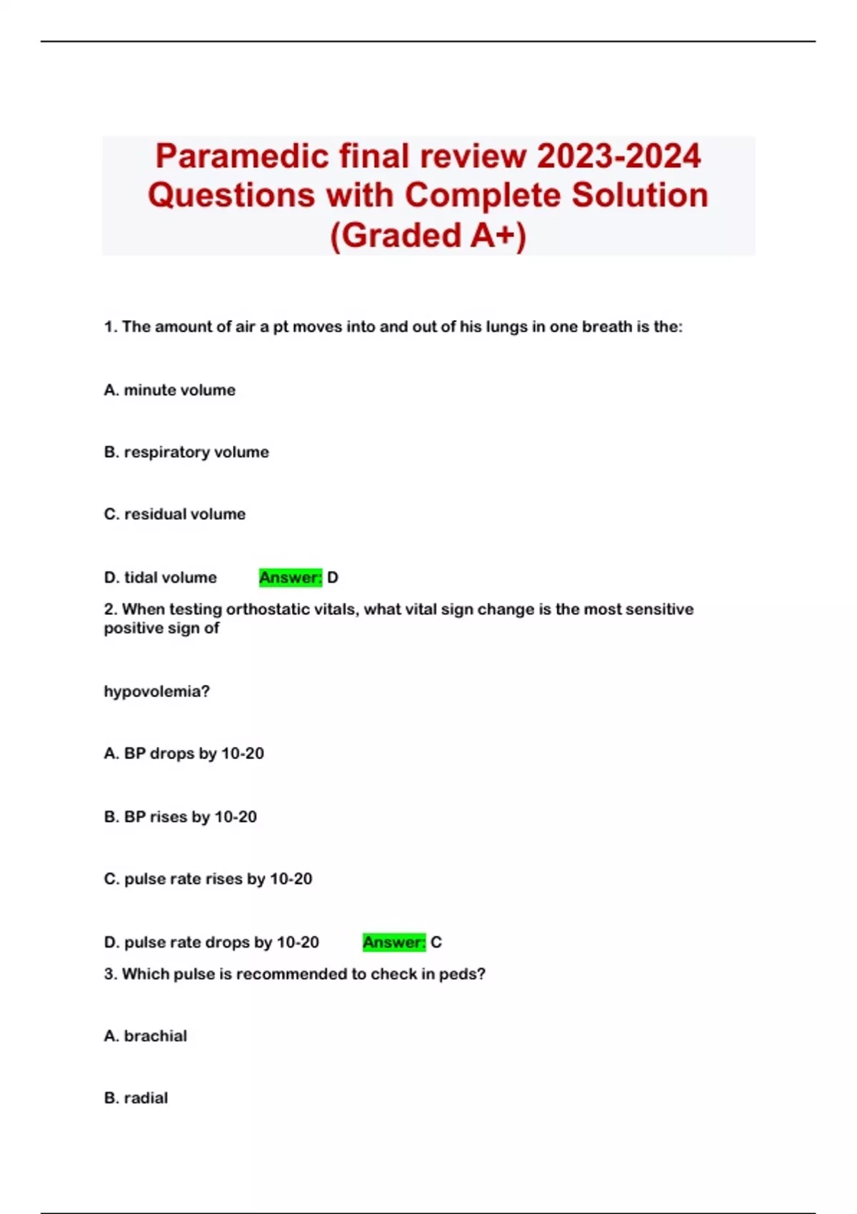 Paramedic final review Questions with Complete Solution (Graded A+ ...