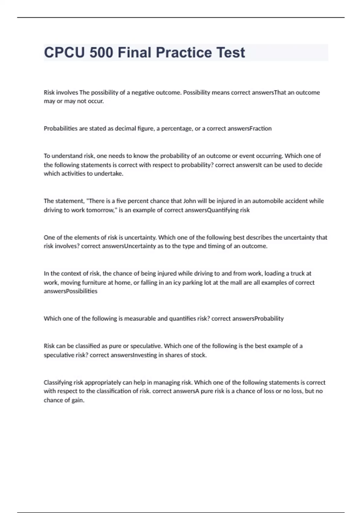 CPCU 500 Final Practice Test exam 2023 with complete solutions - CPCU ...