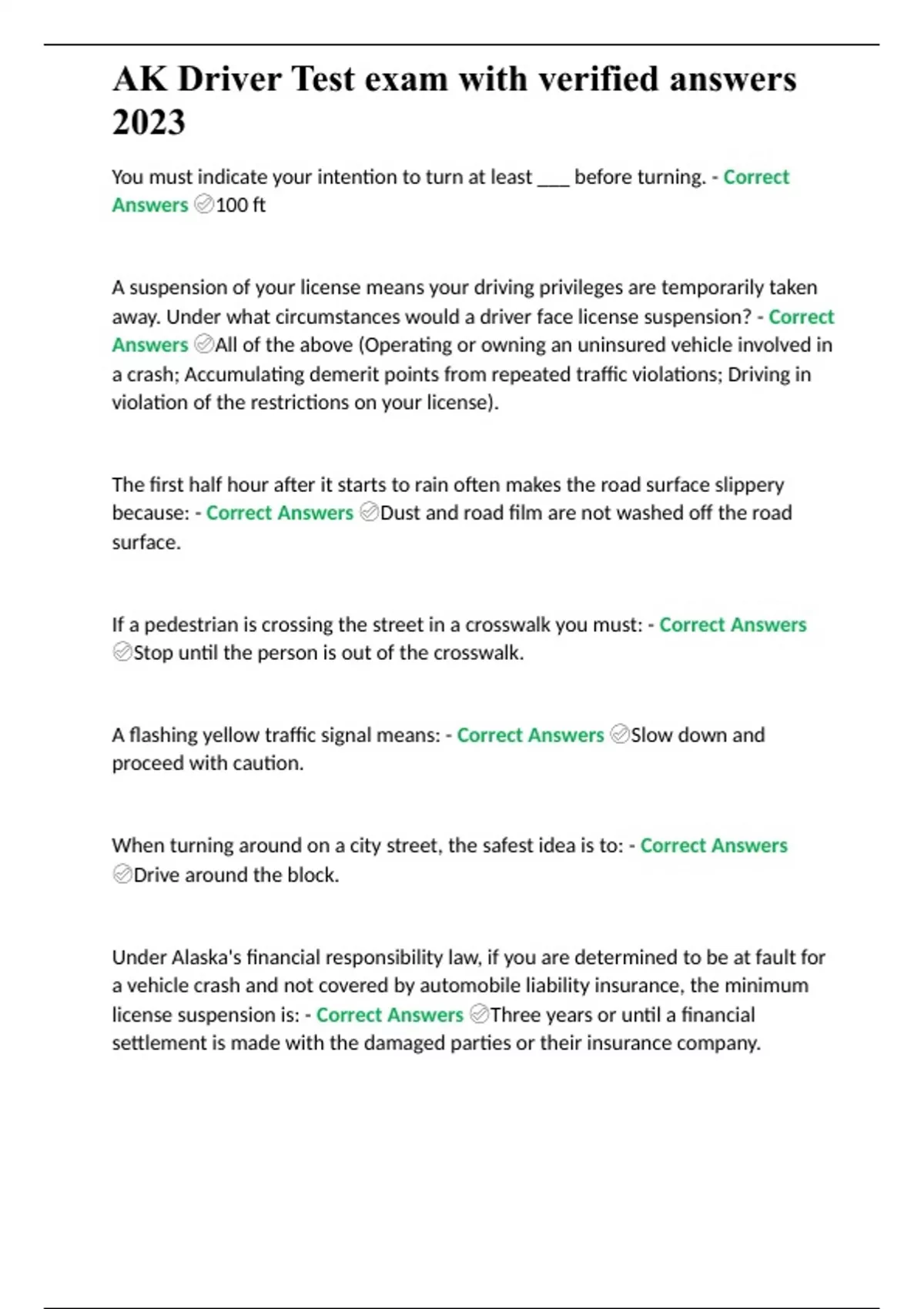 Summary AK Driver Test exam with verified answers 2023 - AK Driver ...