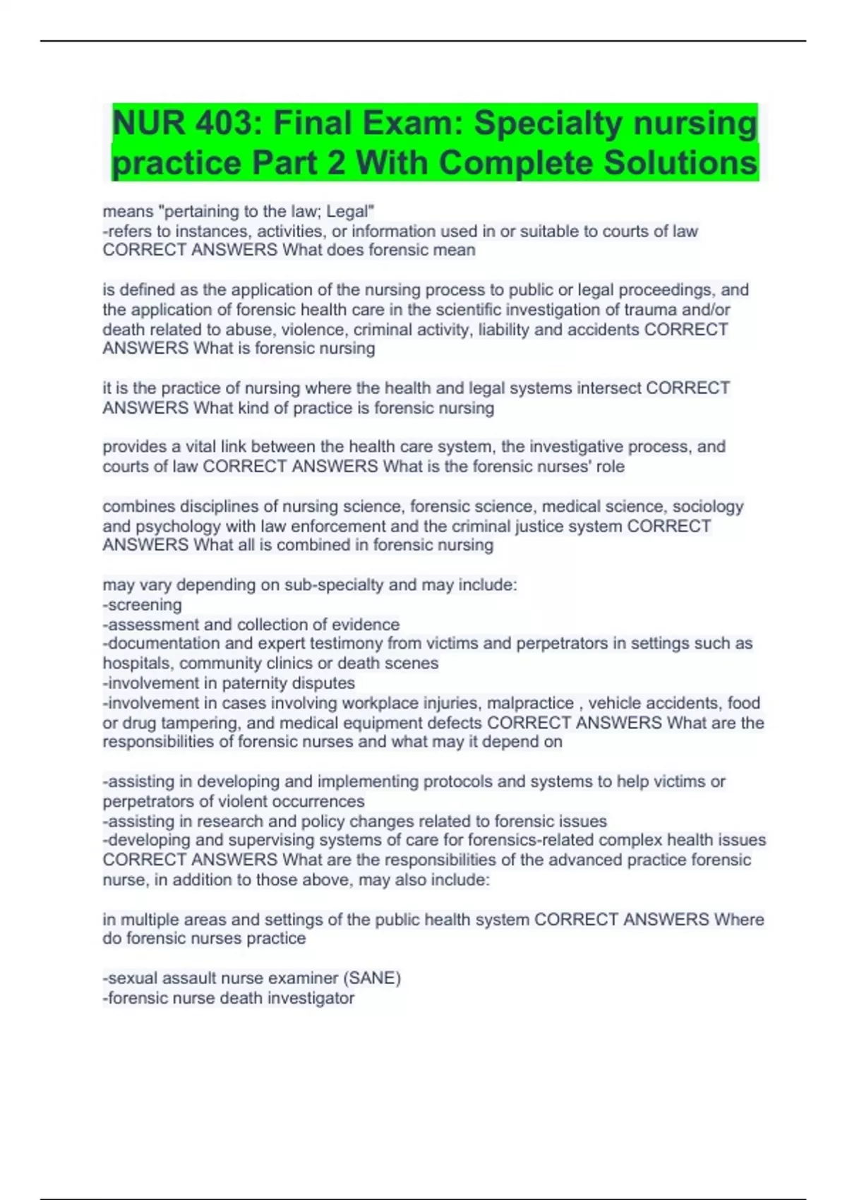 NUR 403: Final Exam: Specialty nursing practice Part 2 With Complete Solutions - NURS 403 ...
