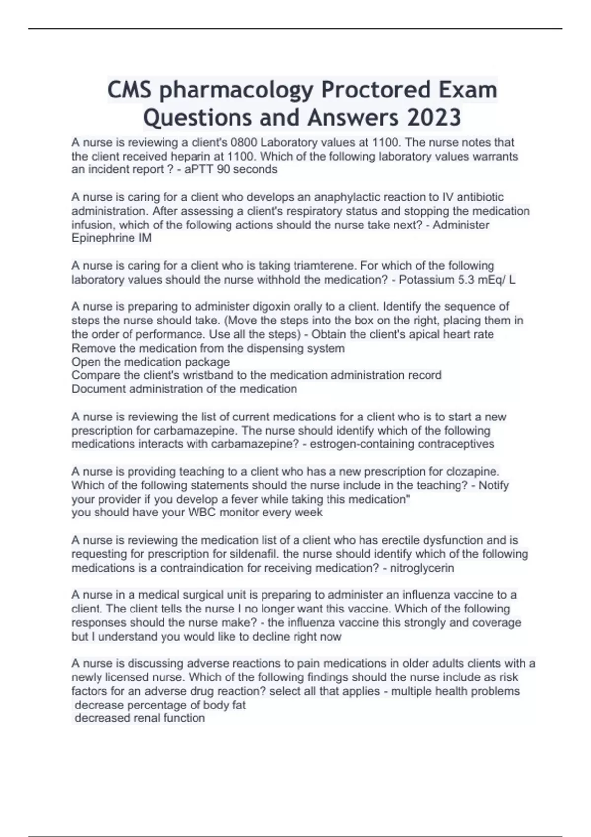 CMS pharmacology Proctored Exam Questions and Answers 2023 - CMS ...