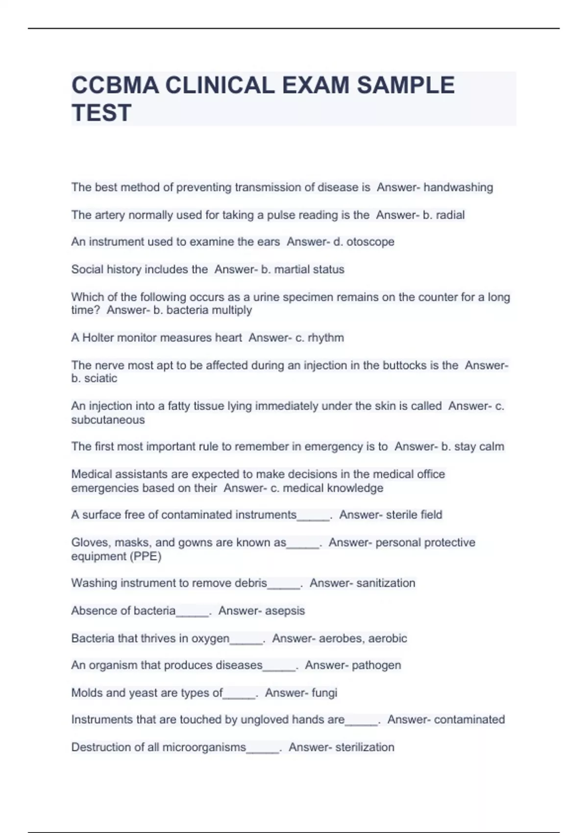 CCBMA CLINICAL EXAM SAMPLE TEST - CCBMA - Stuvia US