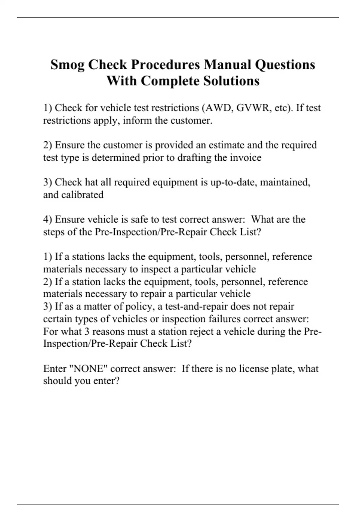 Smog Check Procedures Manual Questions With Complete Solutions - Smog ...