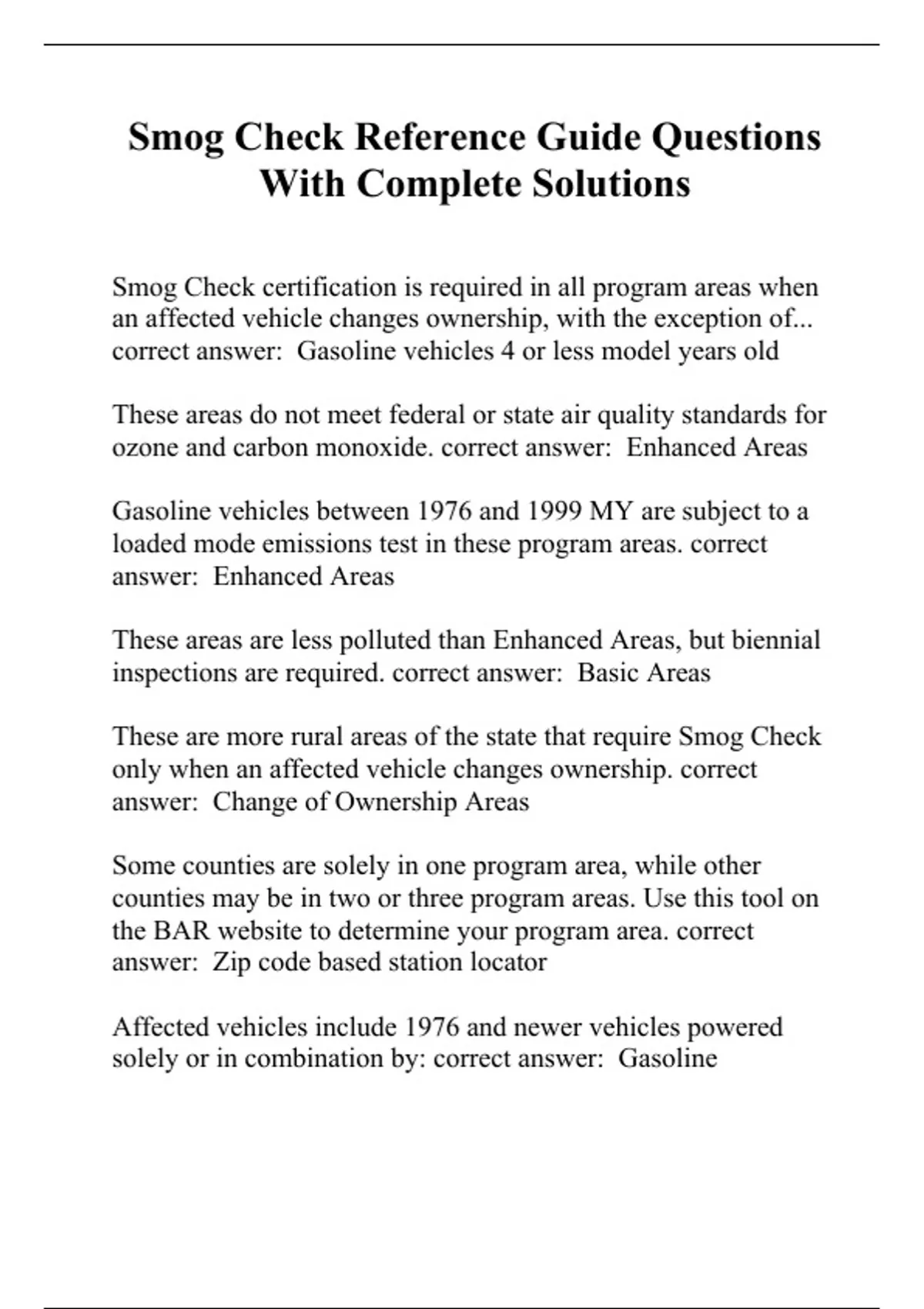 Smog Check Reference Guide Questions With Complete Solutions - Smog ...