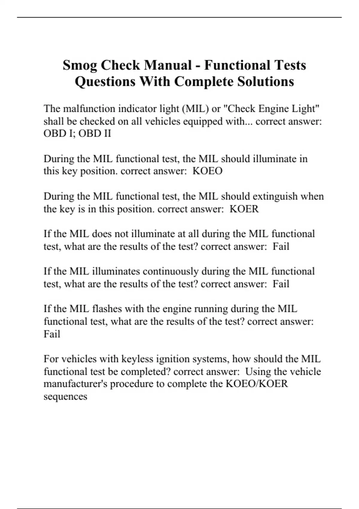 Smog Check Manual - Functional Tests Questions With Complete Solutions ...