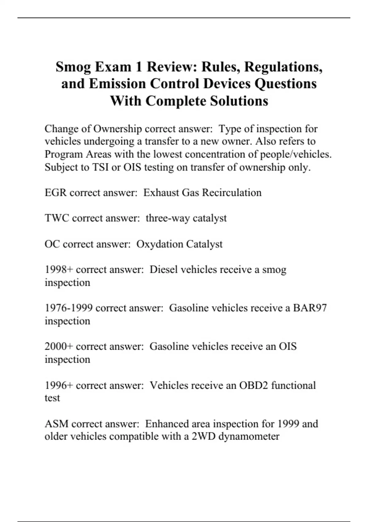 Smog Exam 1 Review: Rules, Regulations, and Emission Control Devices ...