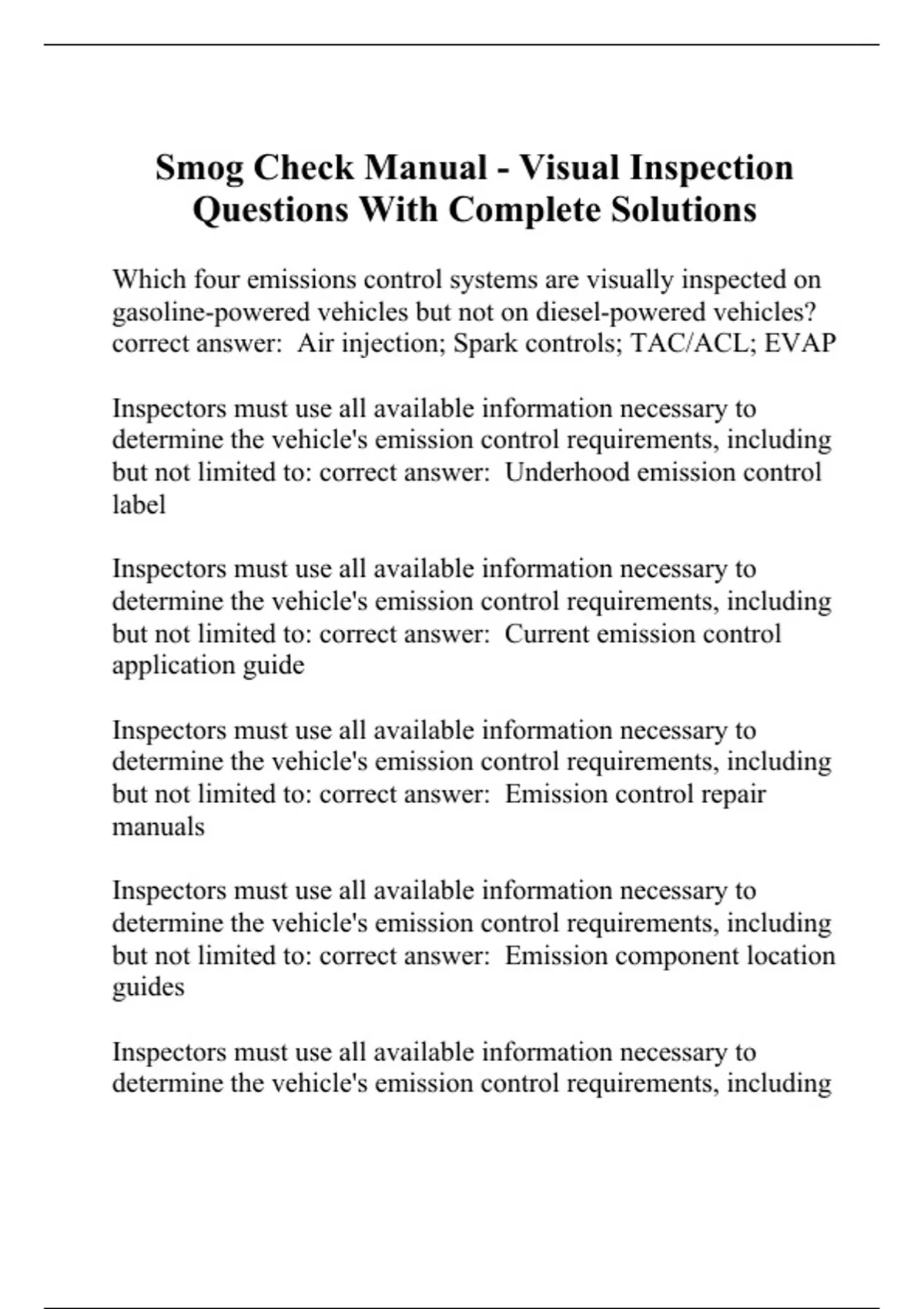 Smog Check Manual - Visual Inspection Questions With Complete Solutions ...
