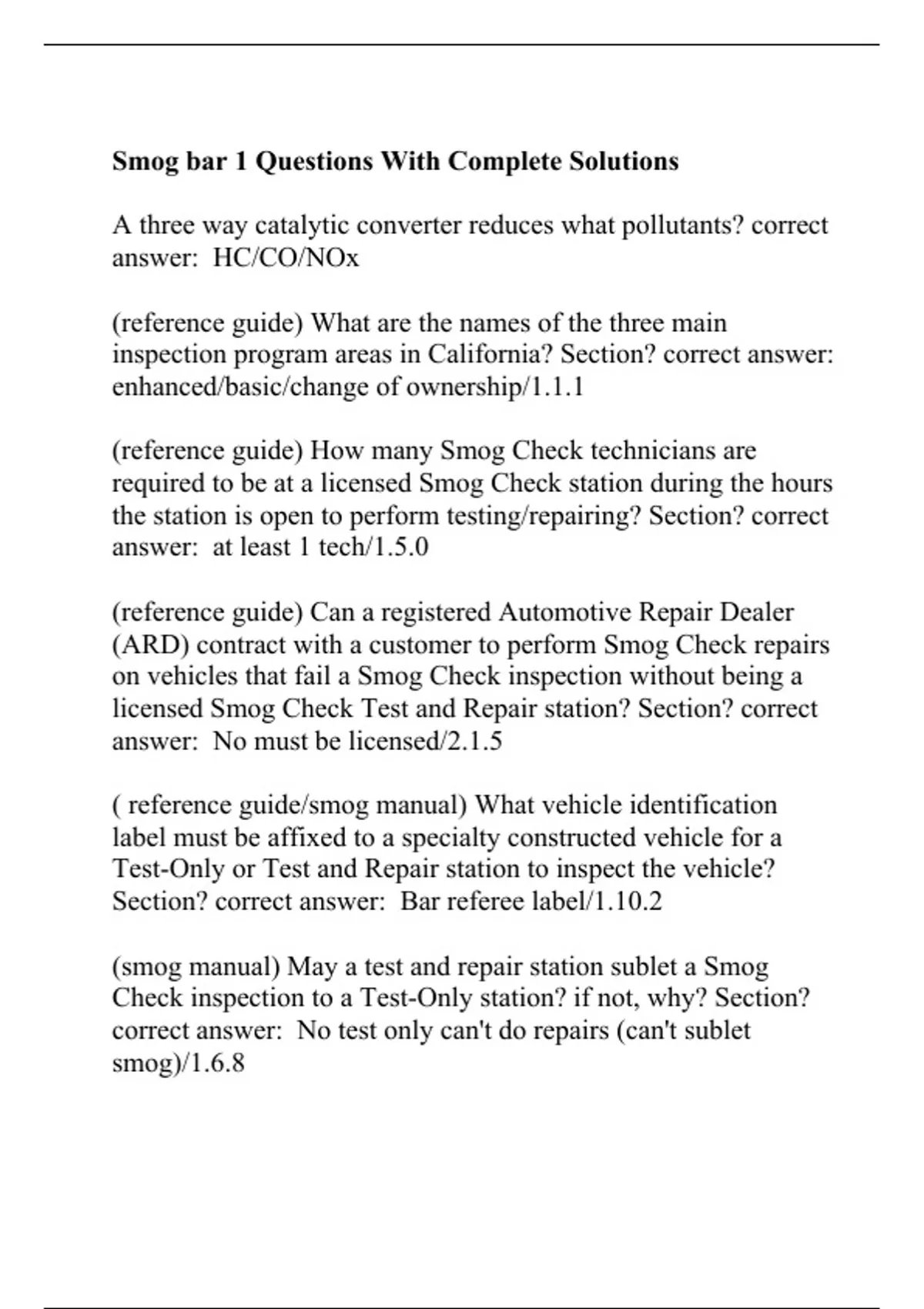 Smog bar 1 Questions With Complete Solutions - Smog inspector - Stuvia US