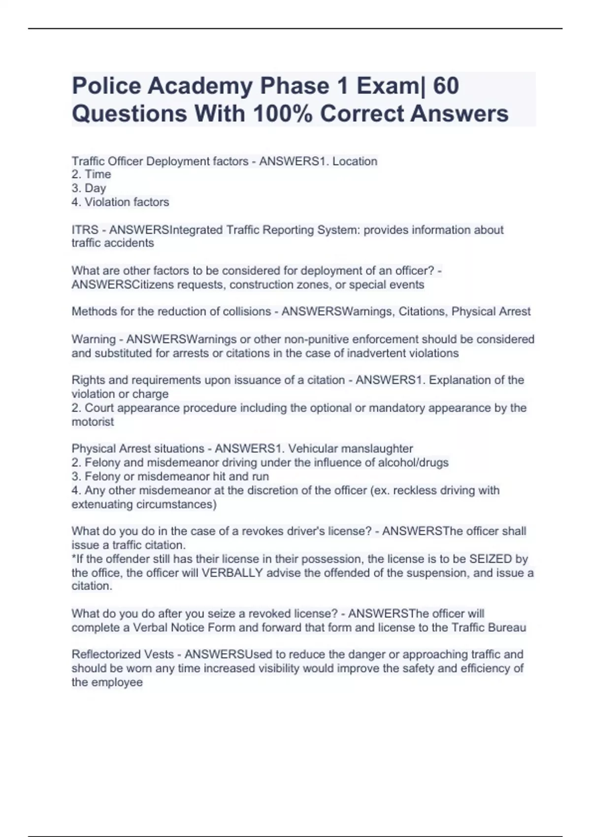 Police Academy Phase 1 Exam| 60 Questions With 100% Correct Answers ...