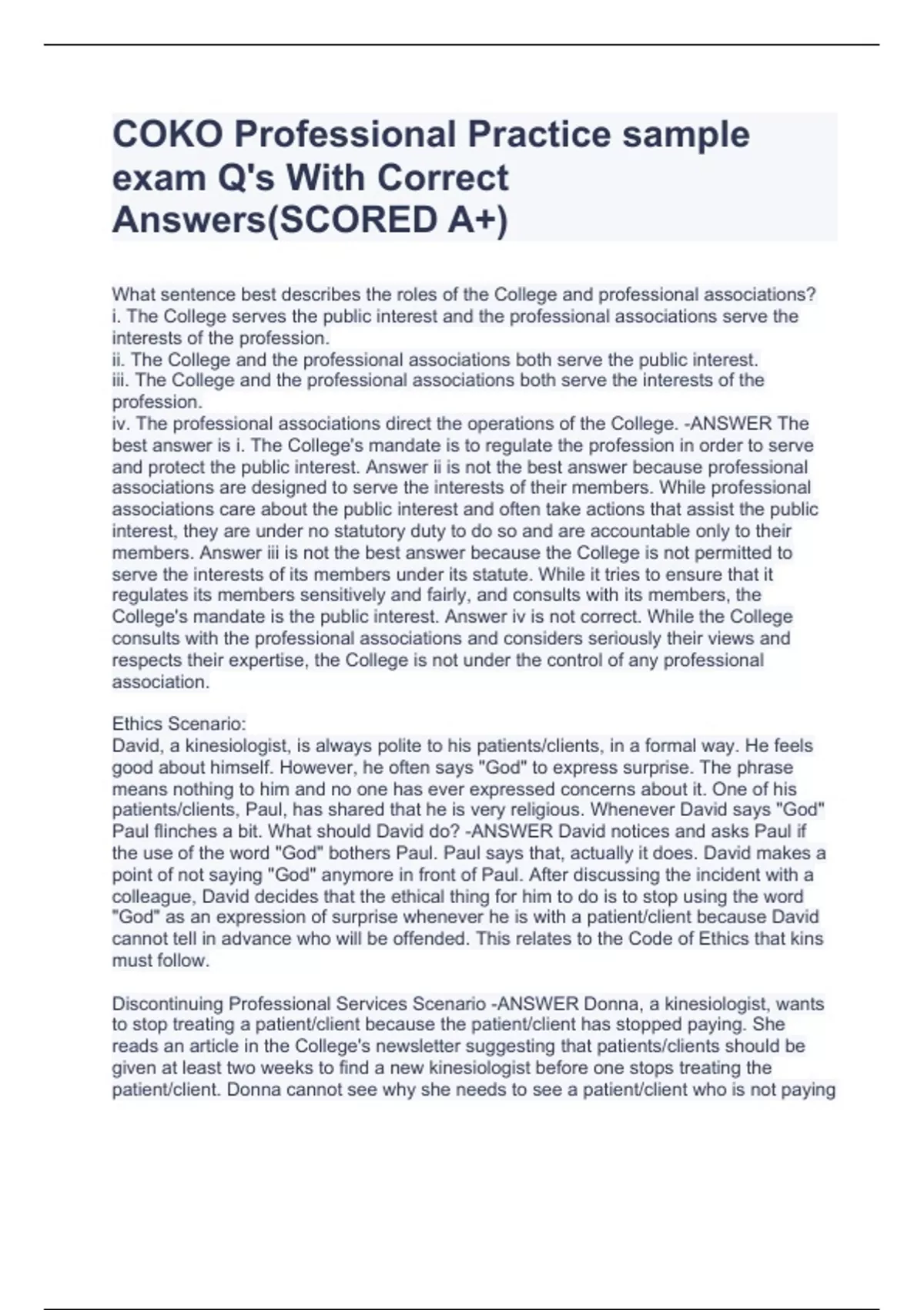 COKO Professional Practice sample exam Q's With Correct Answers(SCORED ...