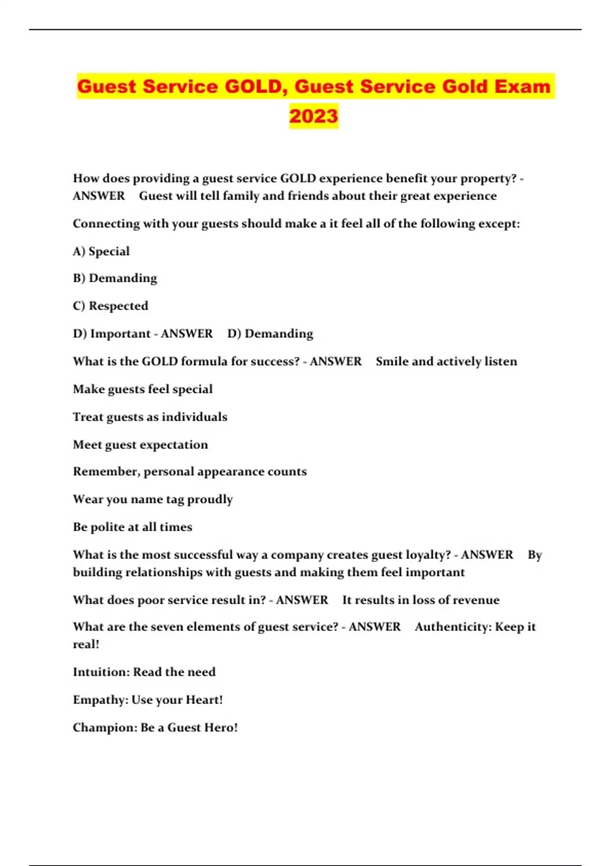 Guest Service GOLD, Guest Service Gold Exam 2023 - Guest Service GOLD ...