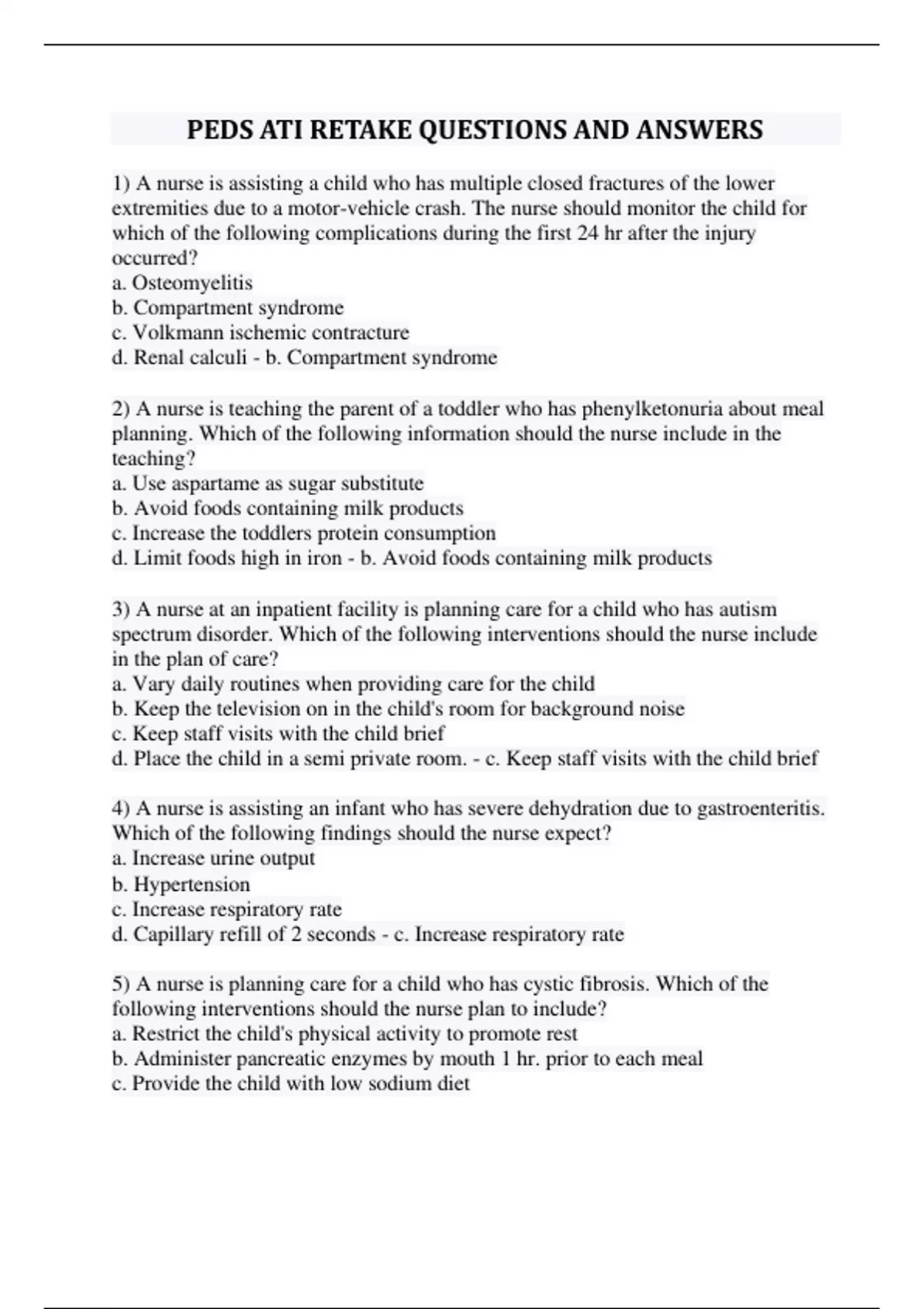 PEDS ATI RETAKE QUESTIONS AND ANSWERS - ATI PEDS - Stuvia US