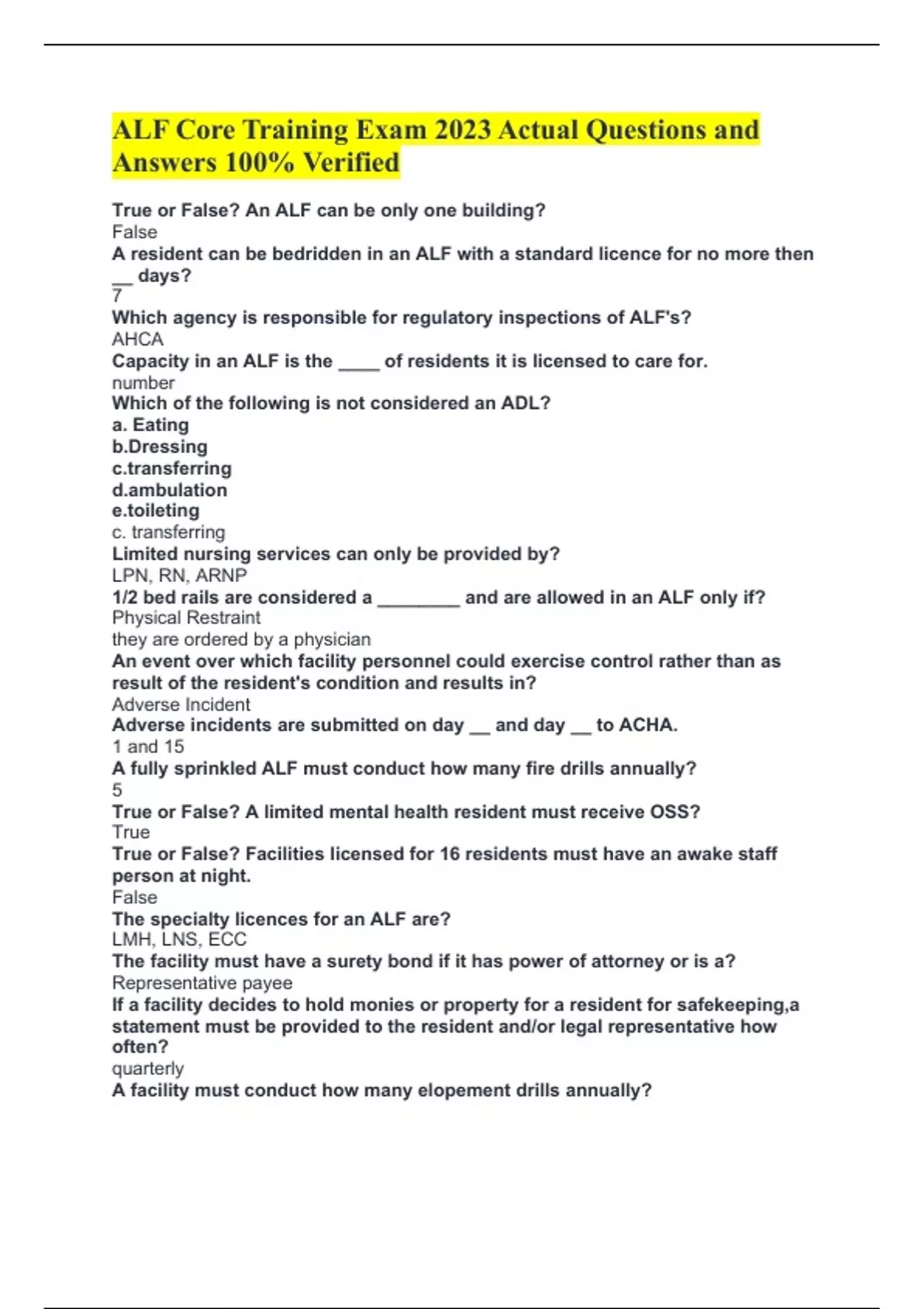 ALF Core Training Exam 2023 Actual Questions and Answers 100% Verified ...