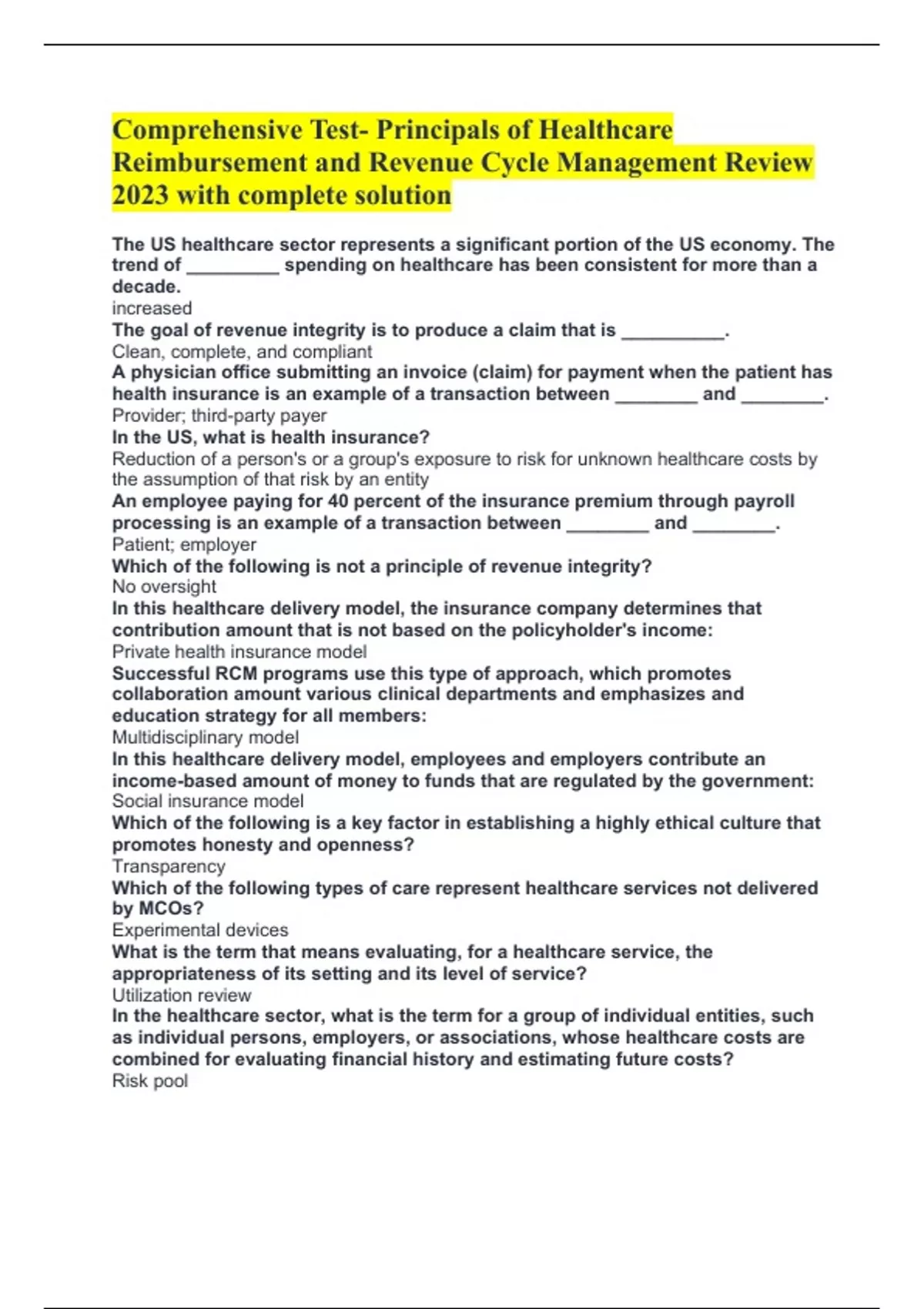 Comprehensive Test- Principals of Healthcare Reimbursement and Revenue ...