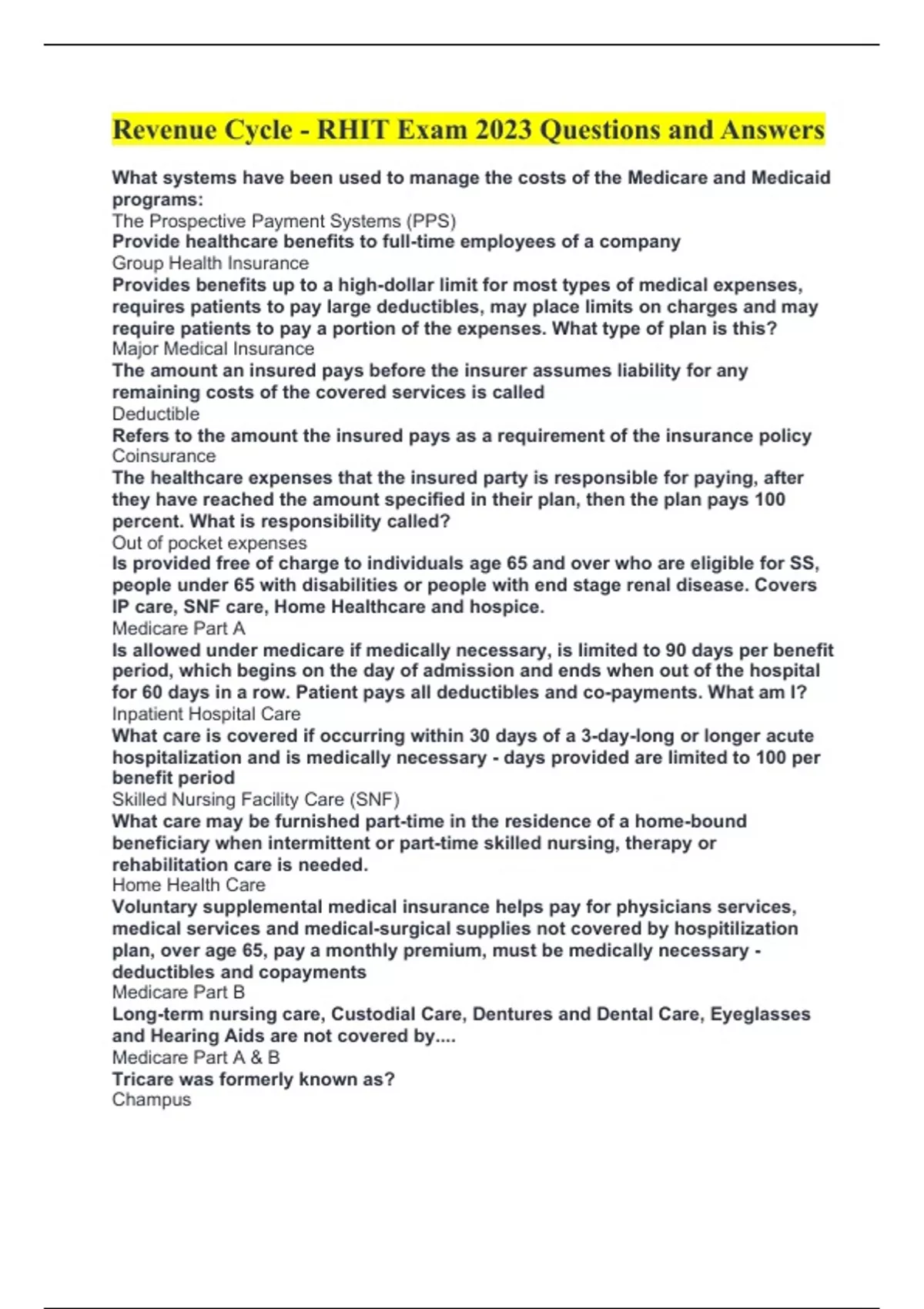 Revenue Cycle - RHIT Exam 2023 Questions and Answers - Revenue Cycle ...