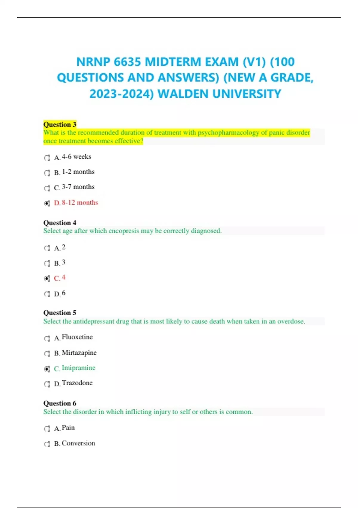 NRNP 6635 MIDTERM EXAM (V1) (100 QUESTIONS AND ANSWERS) (NEW A GRADE, ) - NRNP 6635 . - Stuvia US