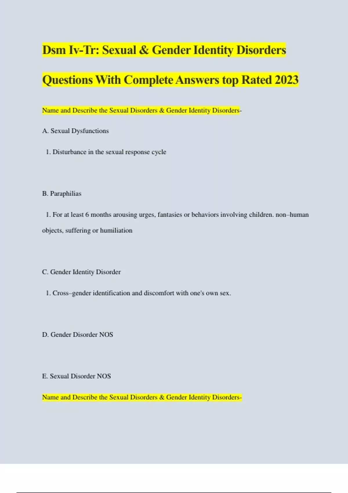 Dsm Iv-Tr: Sexual & Gender Identity Disorders Questions With Complete ...