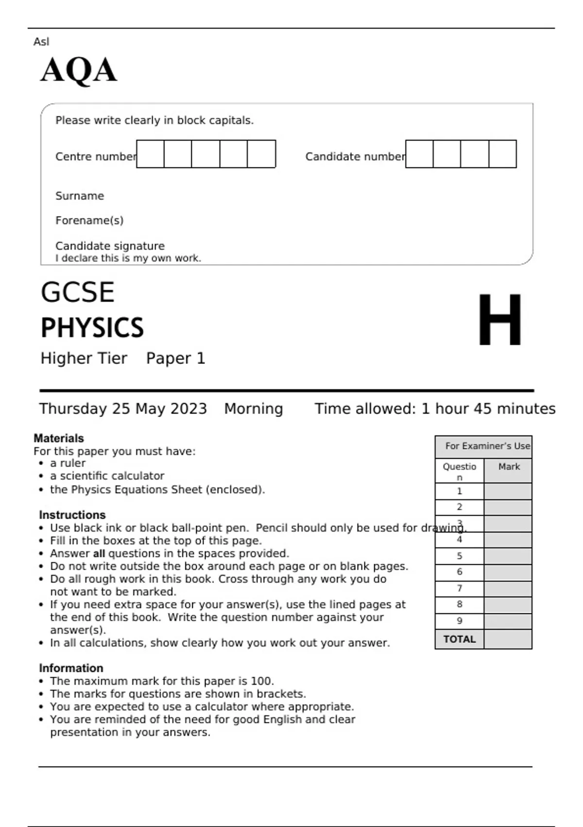 AQA GCSE PHYSICS Higher Tier Paper 1 JUNE 2023 QUESTION PAPER - GCSE PHYSICS - Stuvia US
