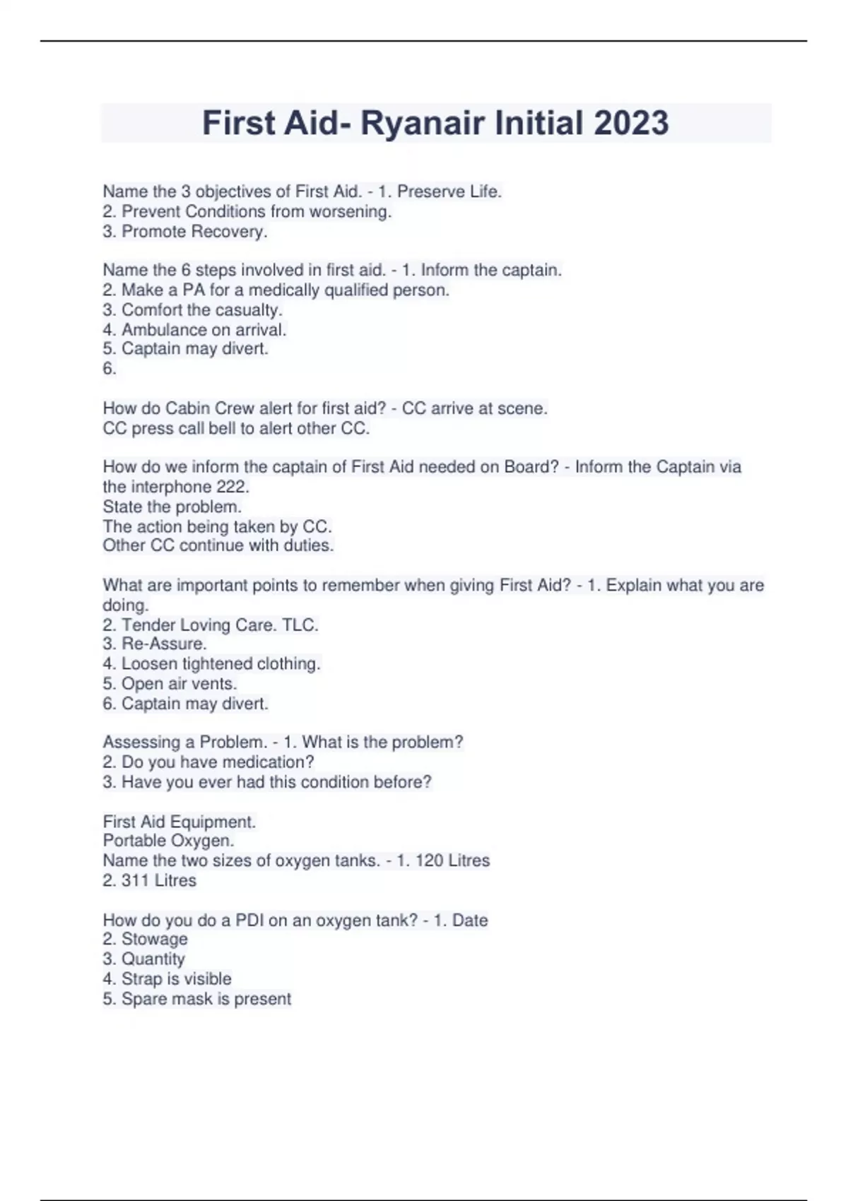 First Aid- Ryanair Initial 2023 - First Aid- Ryanair Initial - Stuvia US